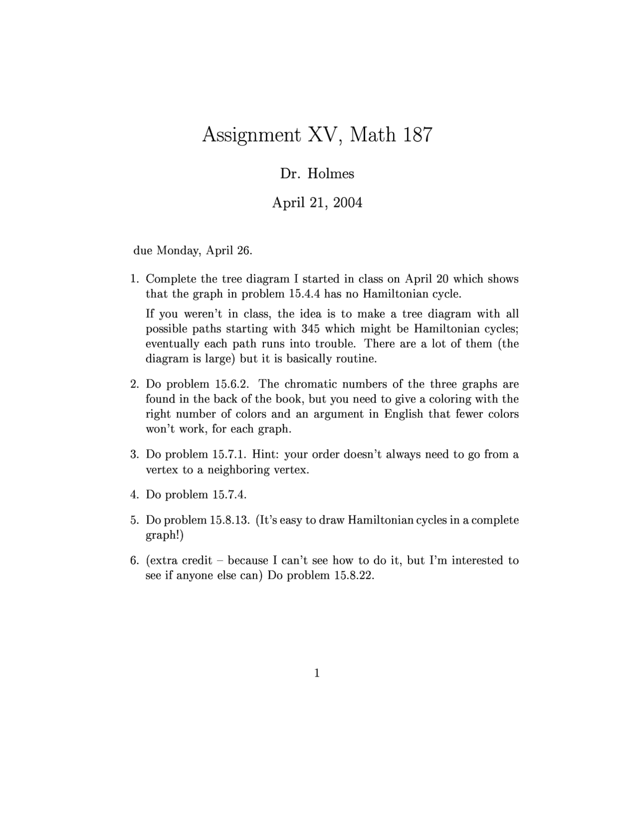 6 Problems Solved By Hamiltonian Cycle Assignment 15 Math 187 Docsity