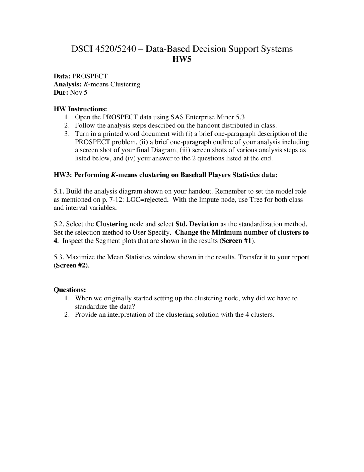 Homework 5 Review - Data-Based Decision Support Systems | DSCI 4520 - Docsity