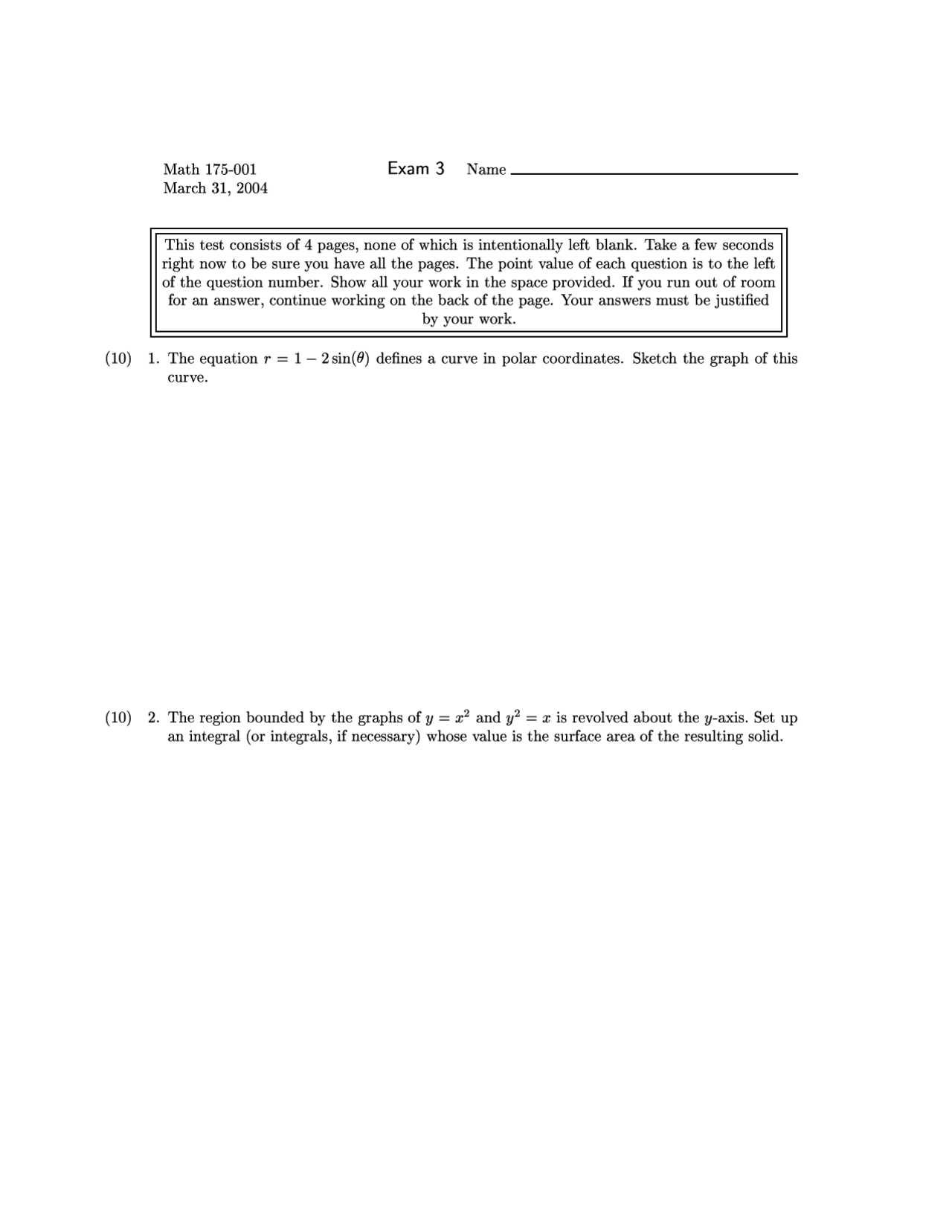 Practice Exam 2 Fall 2004 Calculus Ii Math 175 Docsity