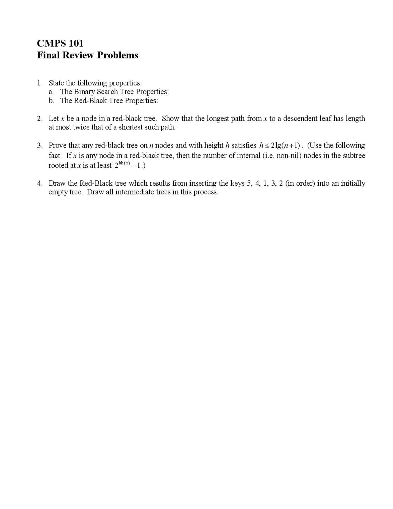 4 Problems On Algorithms And Abstract Data Types Final Exam Cmps 101 Docsity