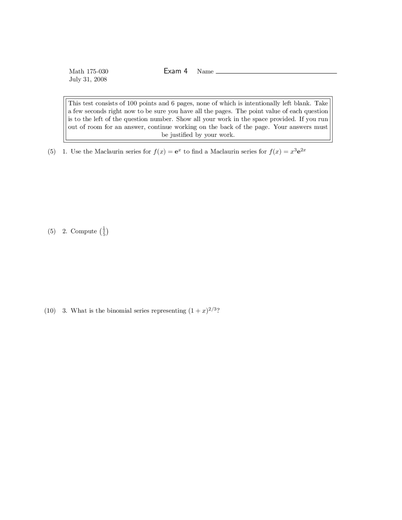 Unsolved Exam Paper Calculus Ii Math 175 Docsity