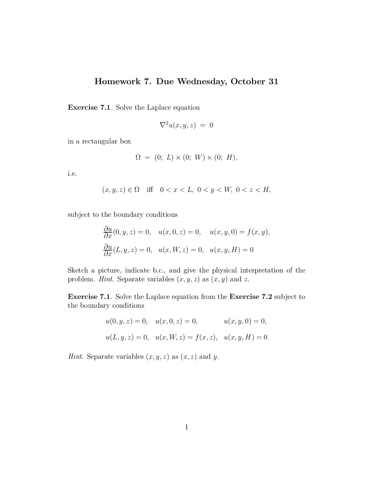 2 Problems on the Laplace Equations in PDE - Worksheet 7 | MATH 3363 - Docsity