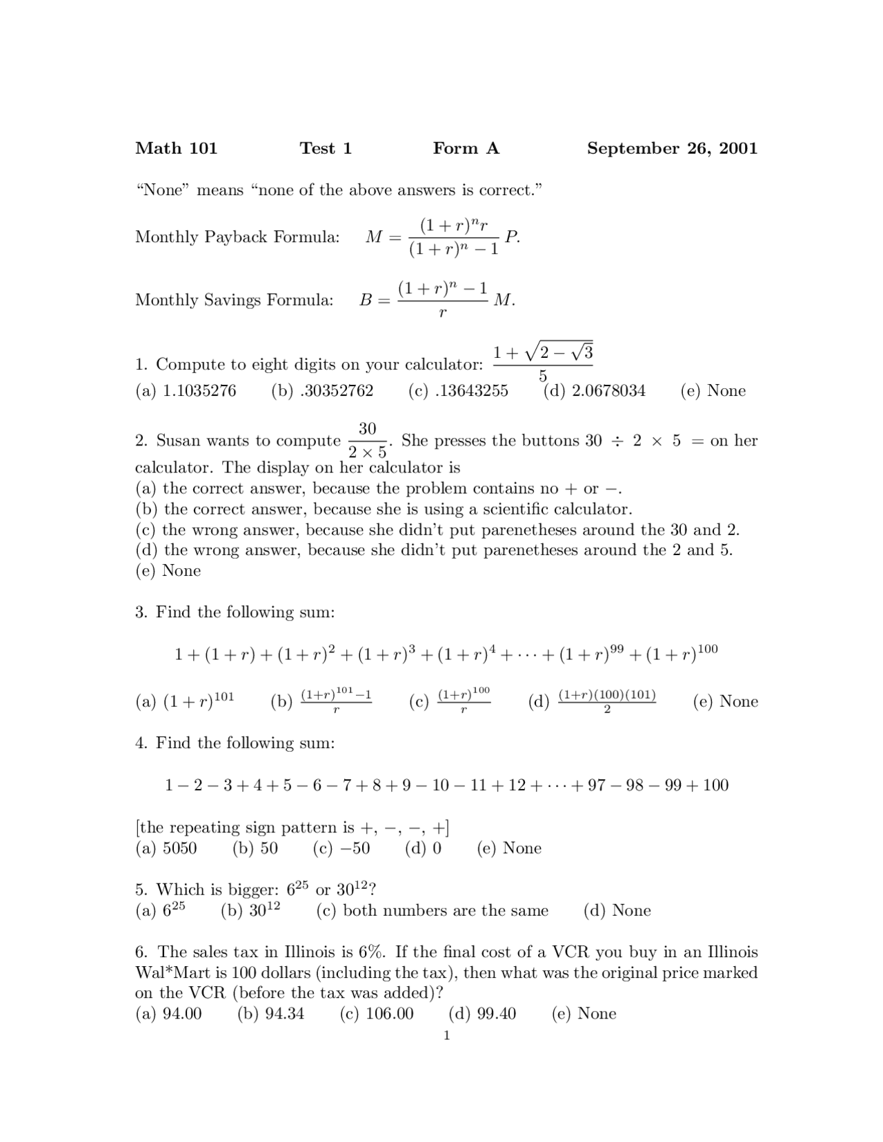 Exam 1 - Core Competency in Mathematics - 2001 | MATH 101 - Docsity