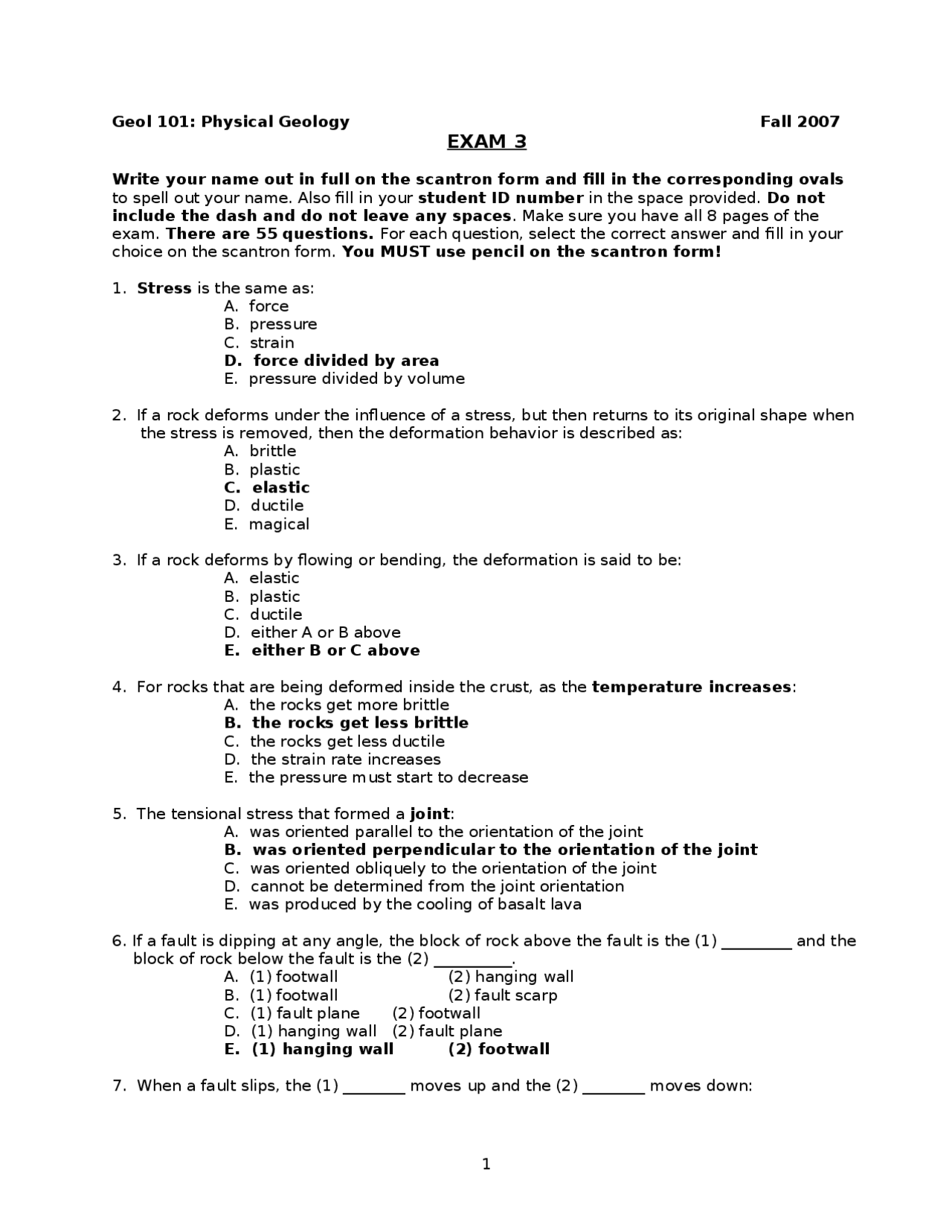 55 Multiple Choice Questions Of Physical Geology Exam 3 Geol 101