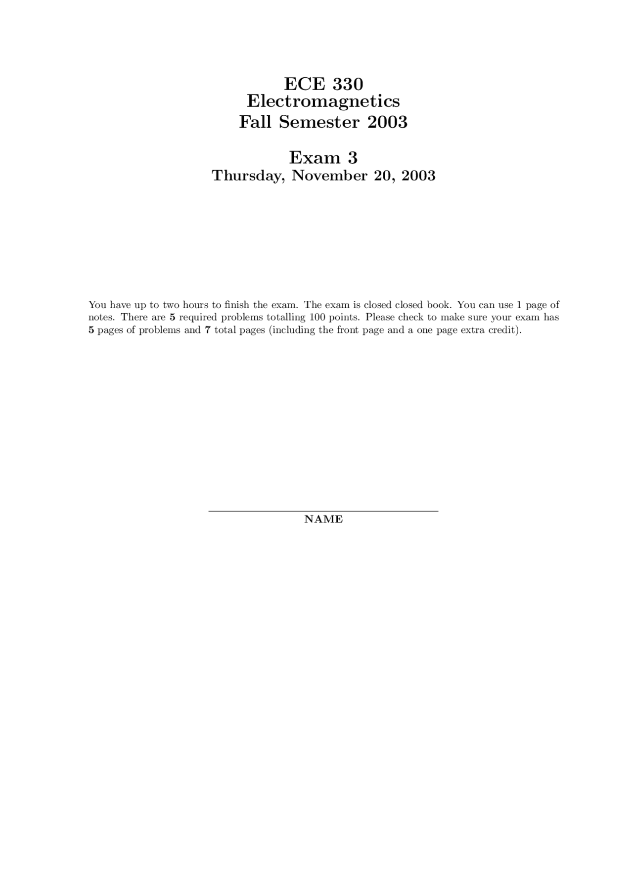 5 Problems On Electromagnetic Theory Examination 3 Ece 330 Docsity