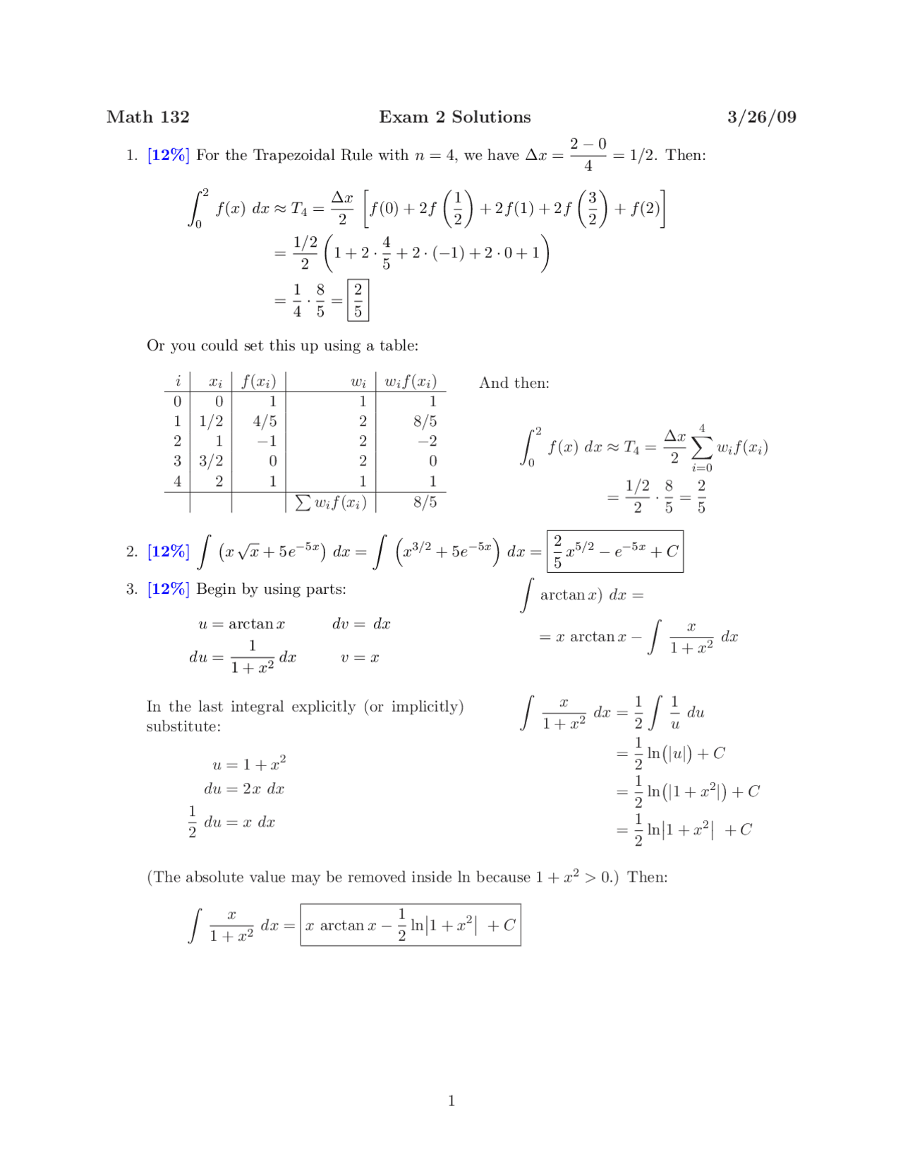 Exam 2 Solutions, Trapezoidal Rule - Calculus II | MATH 132 - Docsity