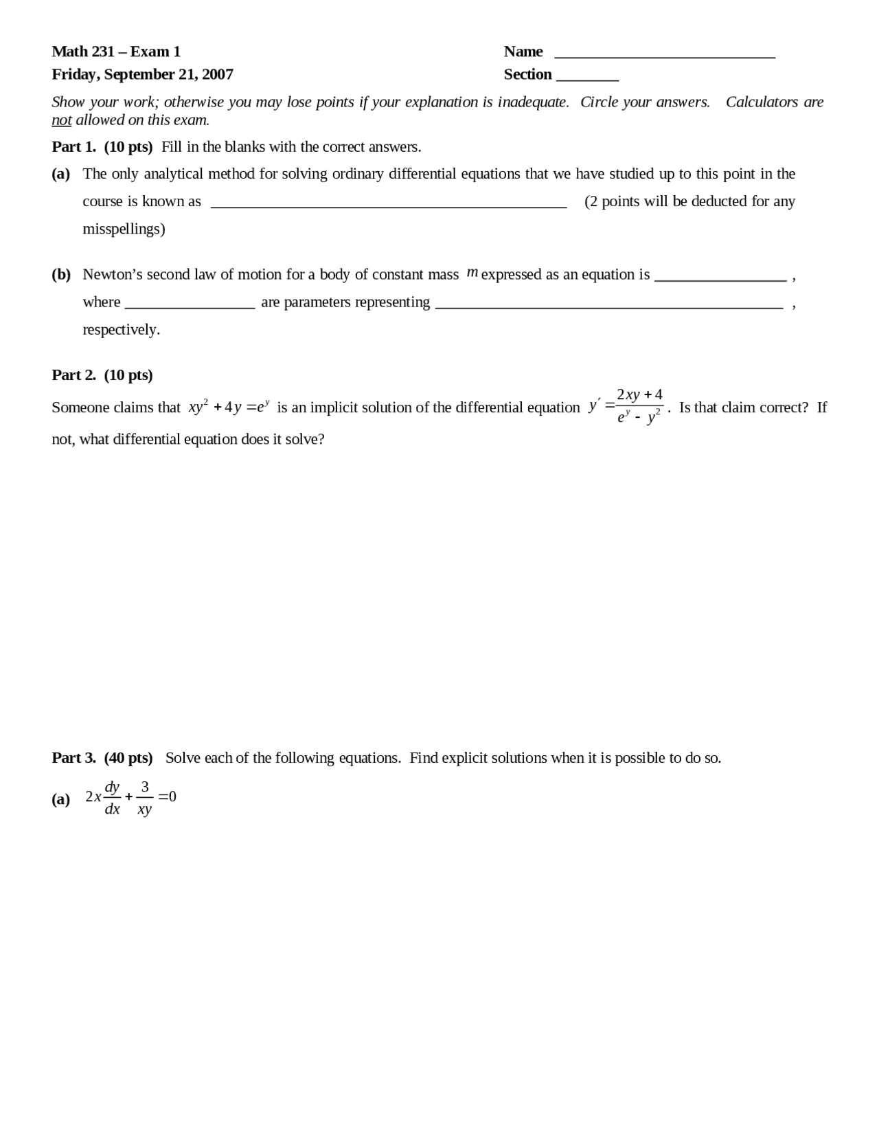 5 Problems On Analytical Methods Exam 1 Math 231 Docsity
