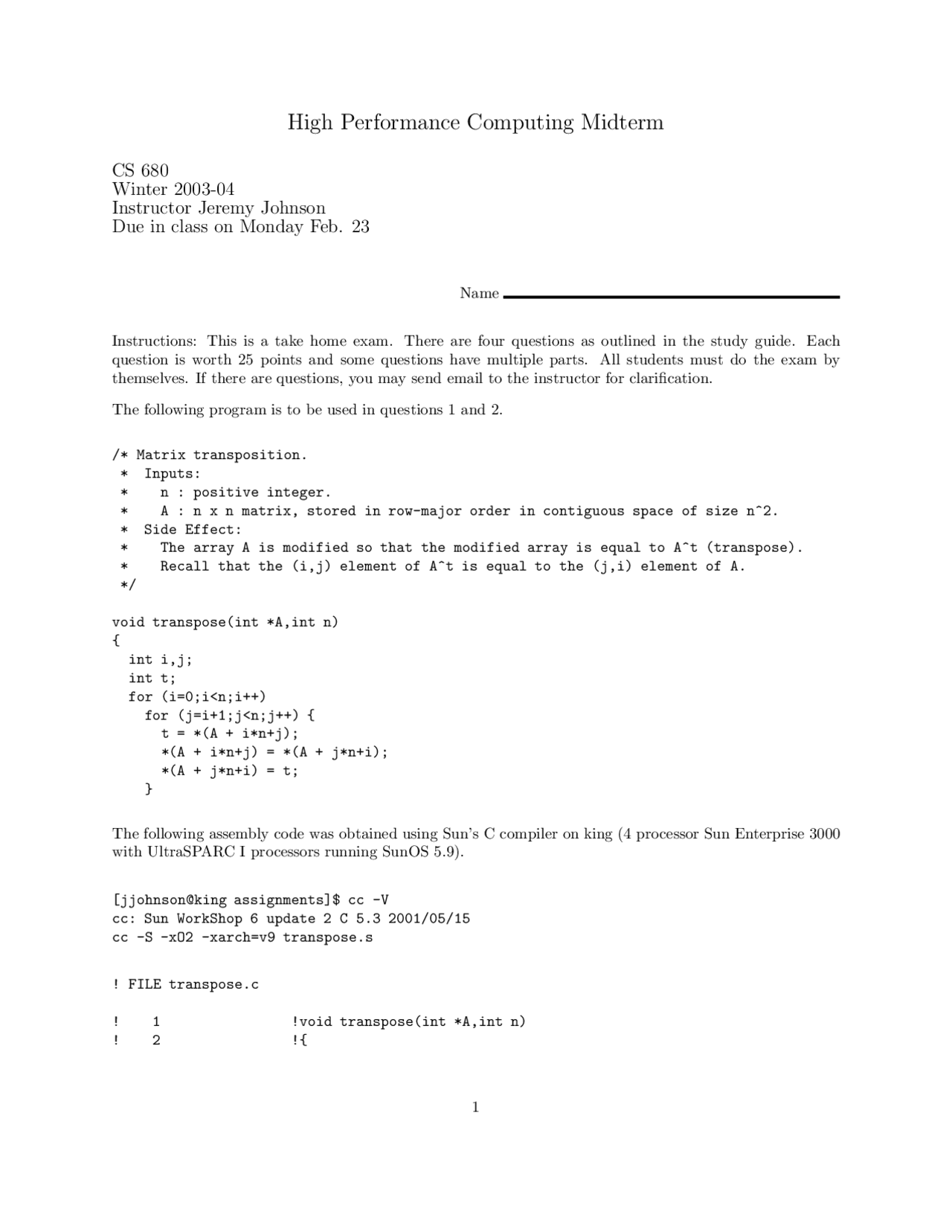 High Performance Computing Midterm Exam CS 680 - Winter 2003-04 | Exams Computer Science | Docsity