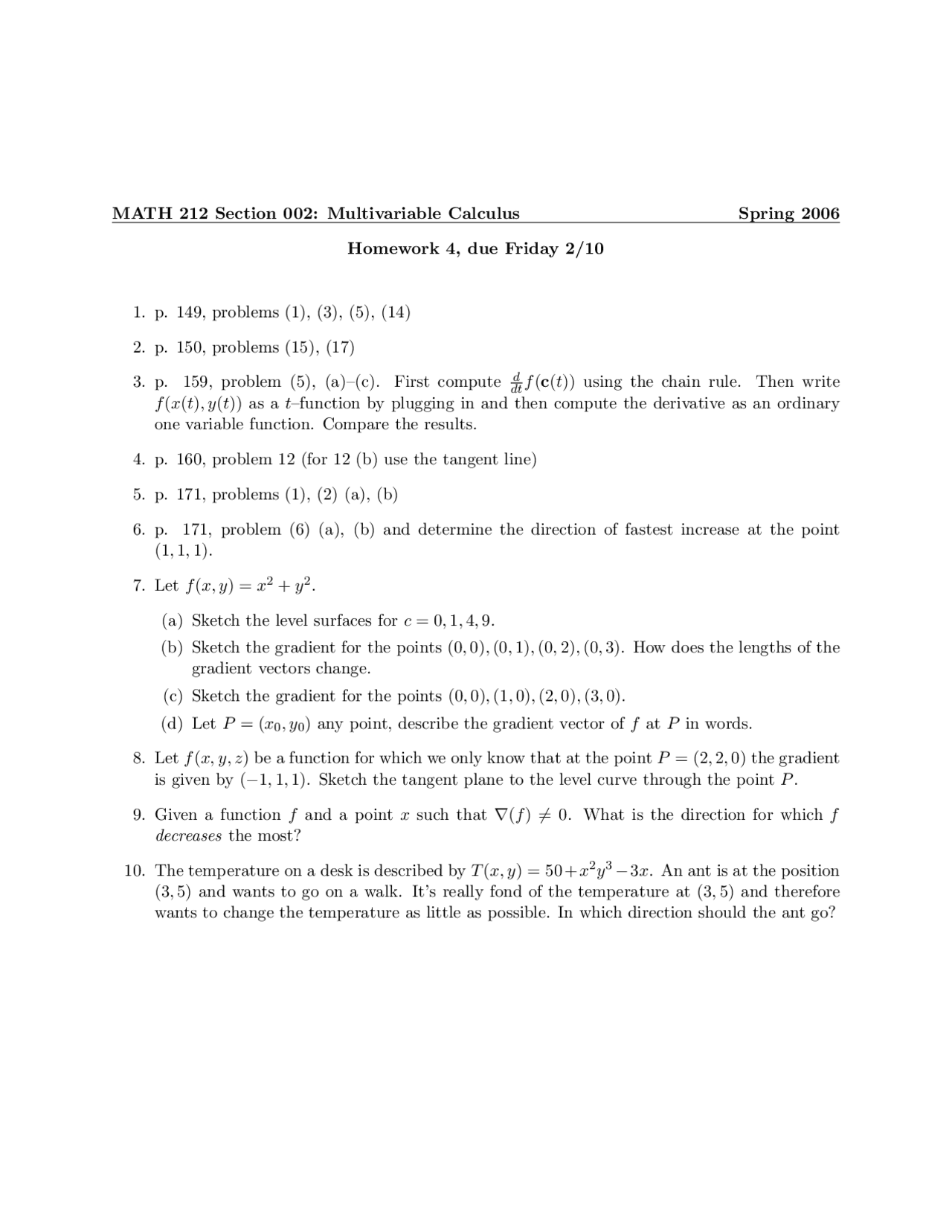 Multivariable Calculus Assignment 4 Questions Math 212 Docsity