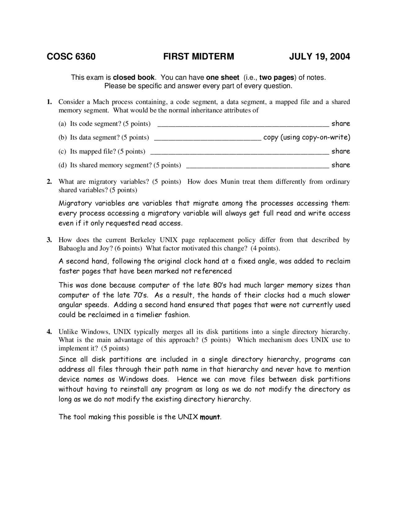 COSC 6360 First Midterm Exam - July 19, 2004 - Prof. Jehan-Francois Paris | Exams Operating ...