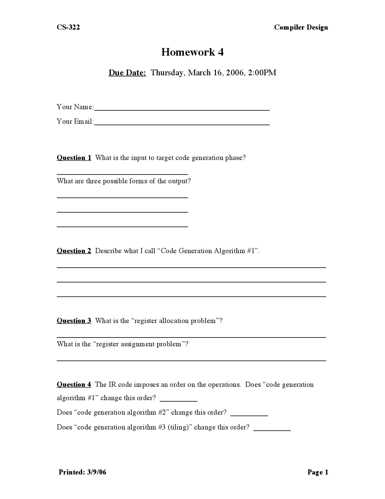 Homework 4 Questions Compiler Design Cs 322 Docsity