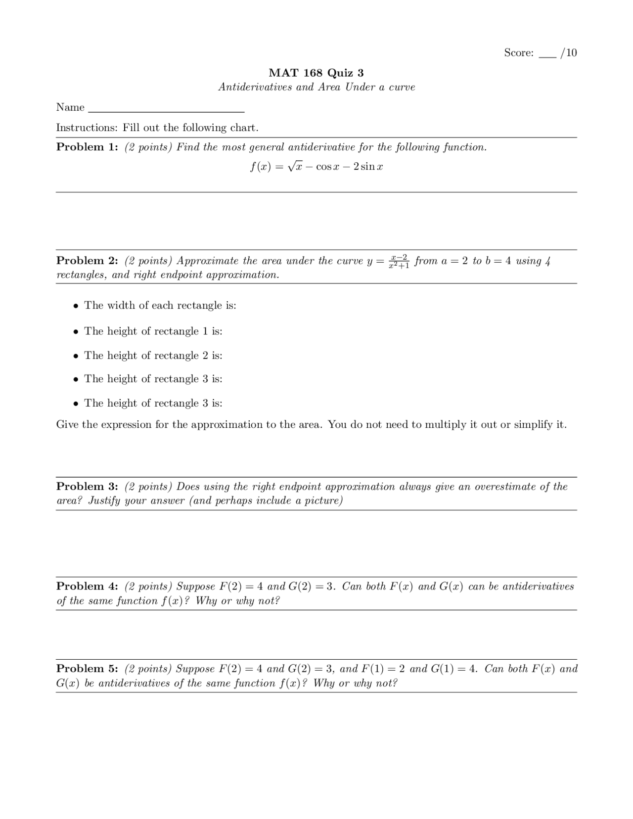 Antiderivatives And Area Under Curve Quiz 3 Mat 168 Docsity
