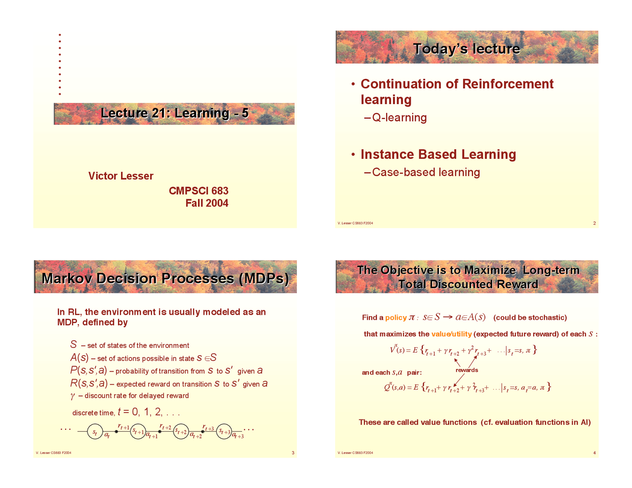Continuation of Reinforcement Learning - Lecture Slides | CMPSCI 683 - Docsity
