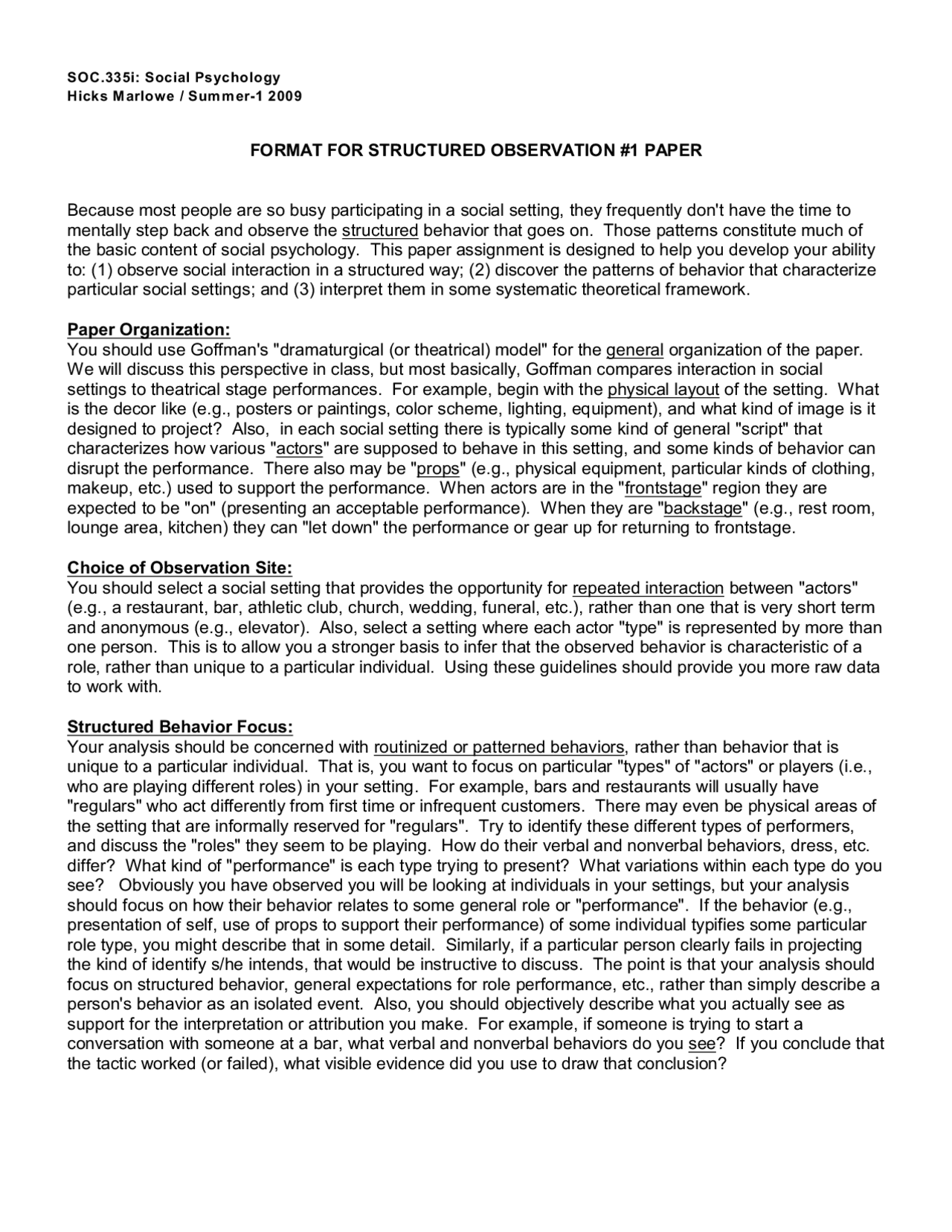 Format for Structure Observation - Social Psychology | SOC 335 - Docsity