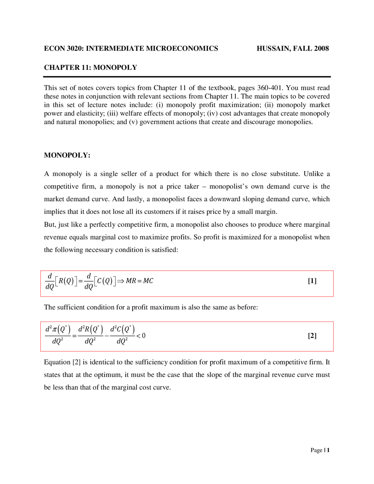 Notes On Monopoly Intermediate Microeconomics Econ 3020 Docsity
