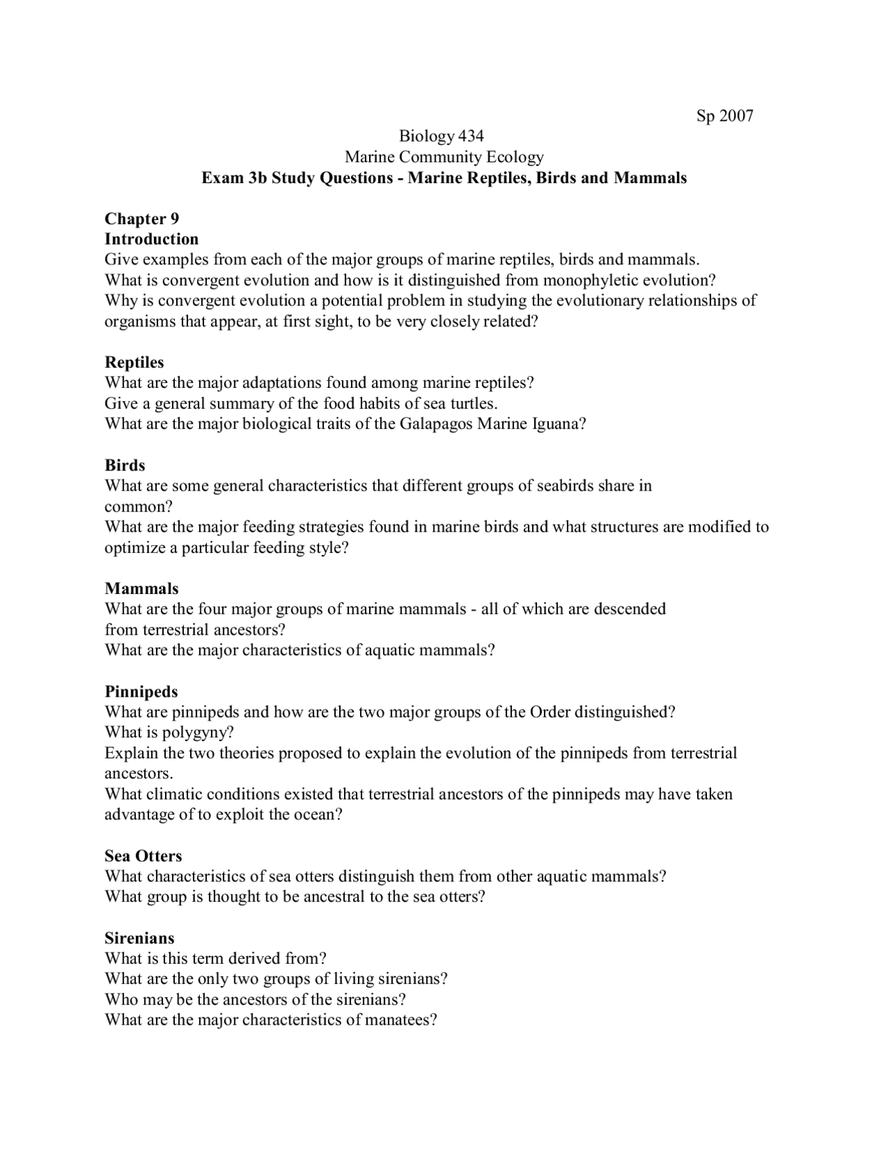 Exam 3b Study Questions - Marine Reptiles, Birds and Mammals | BIOL 434 ...