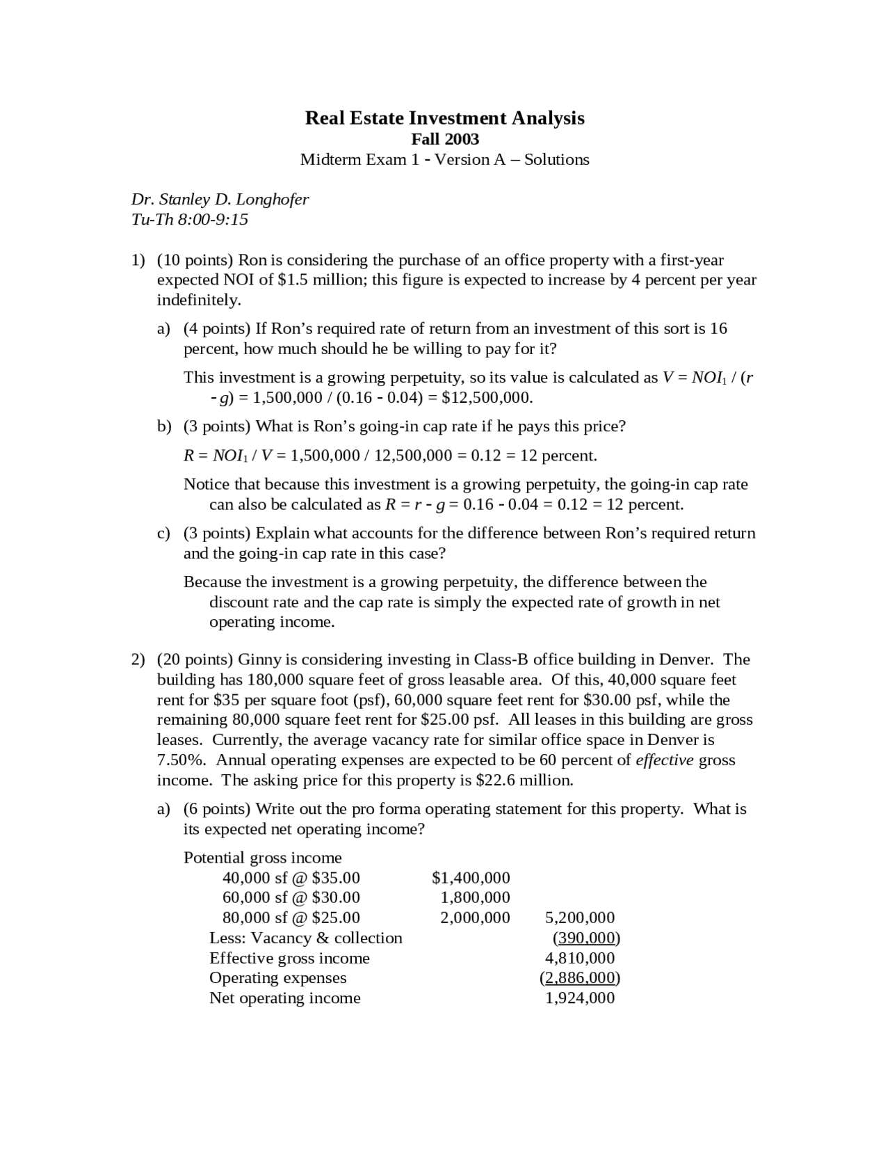 Resolution Of Midterm Exam 1 Version A Real Estate Investment