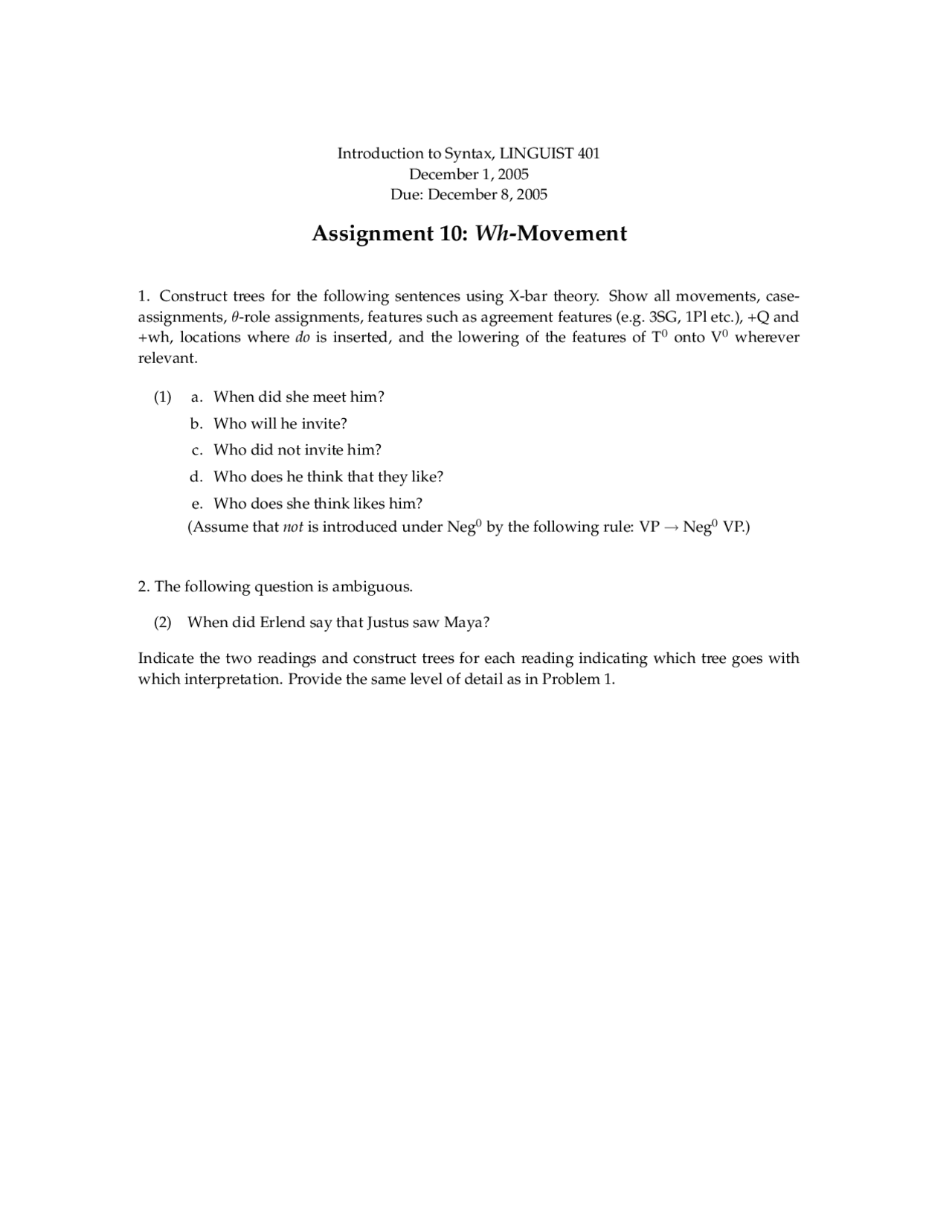 Assignment 10 Wh Movement Introduction To Syntax Linguist 401