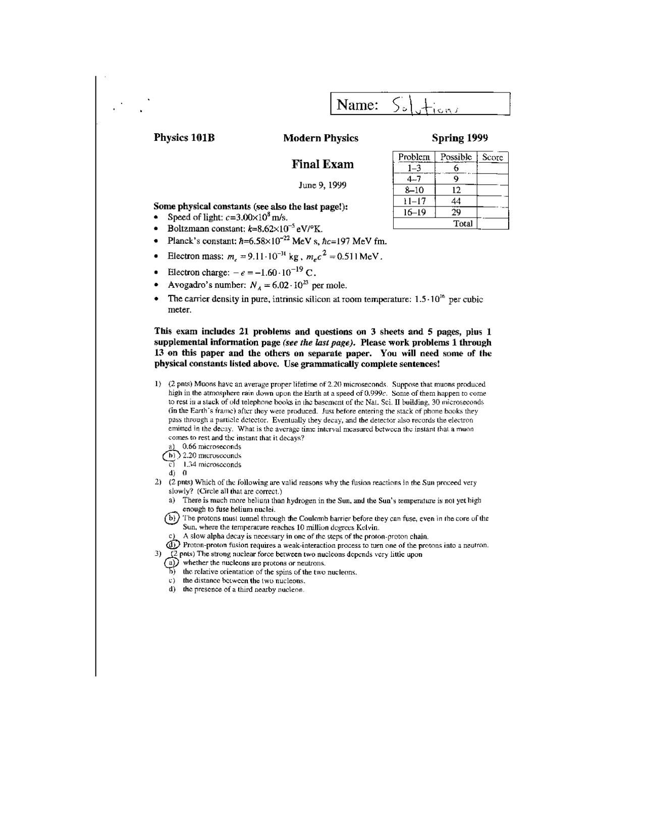Final Exam Introduction To Modern Physics I Phys 101 Docsity