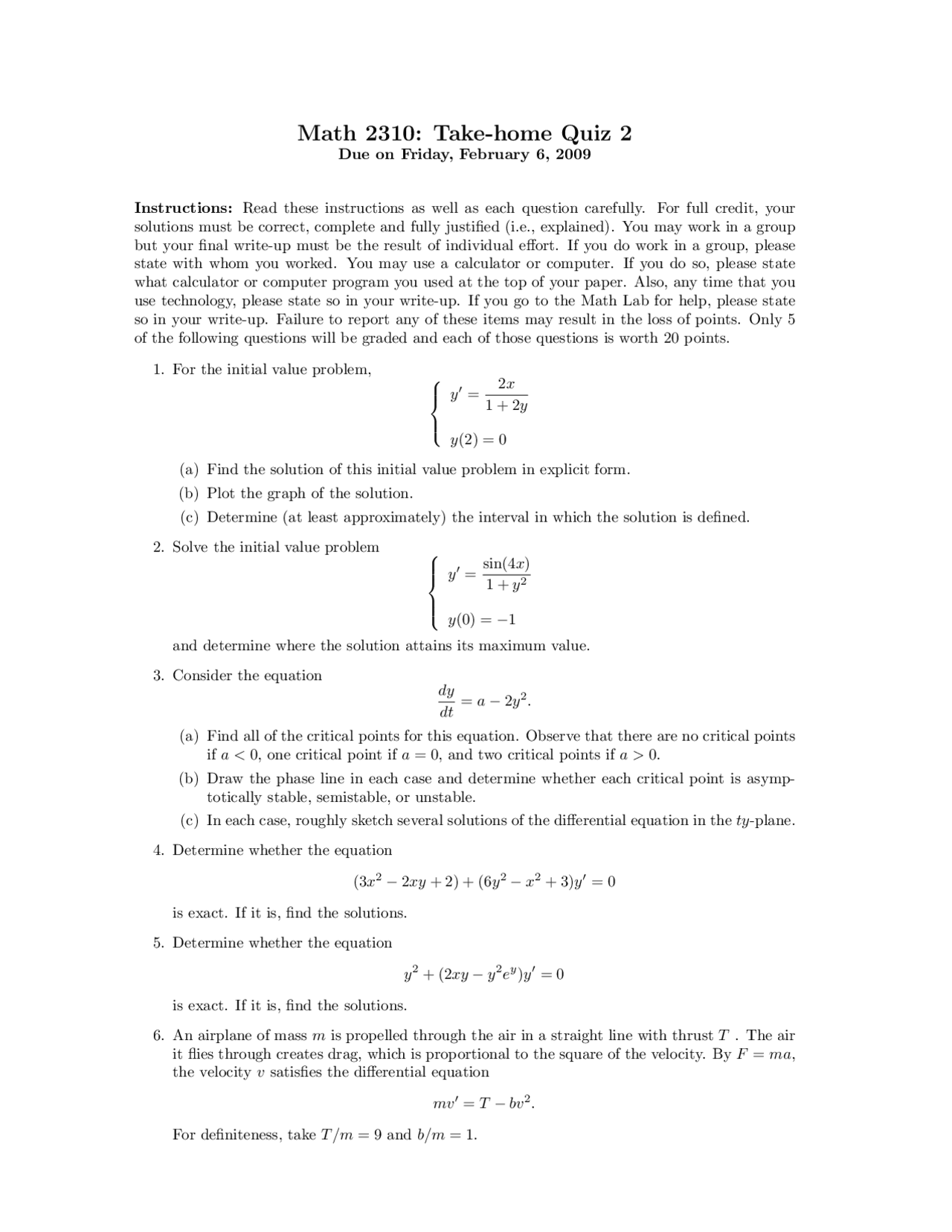 8 Problems In Quiz 2 For Applied Differential Equation I Math 2310