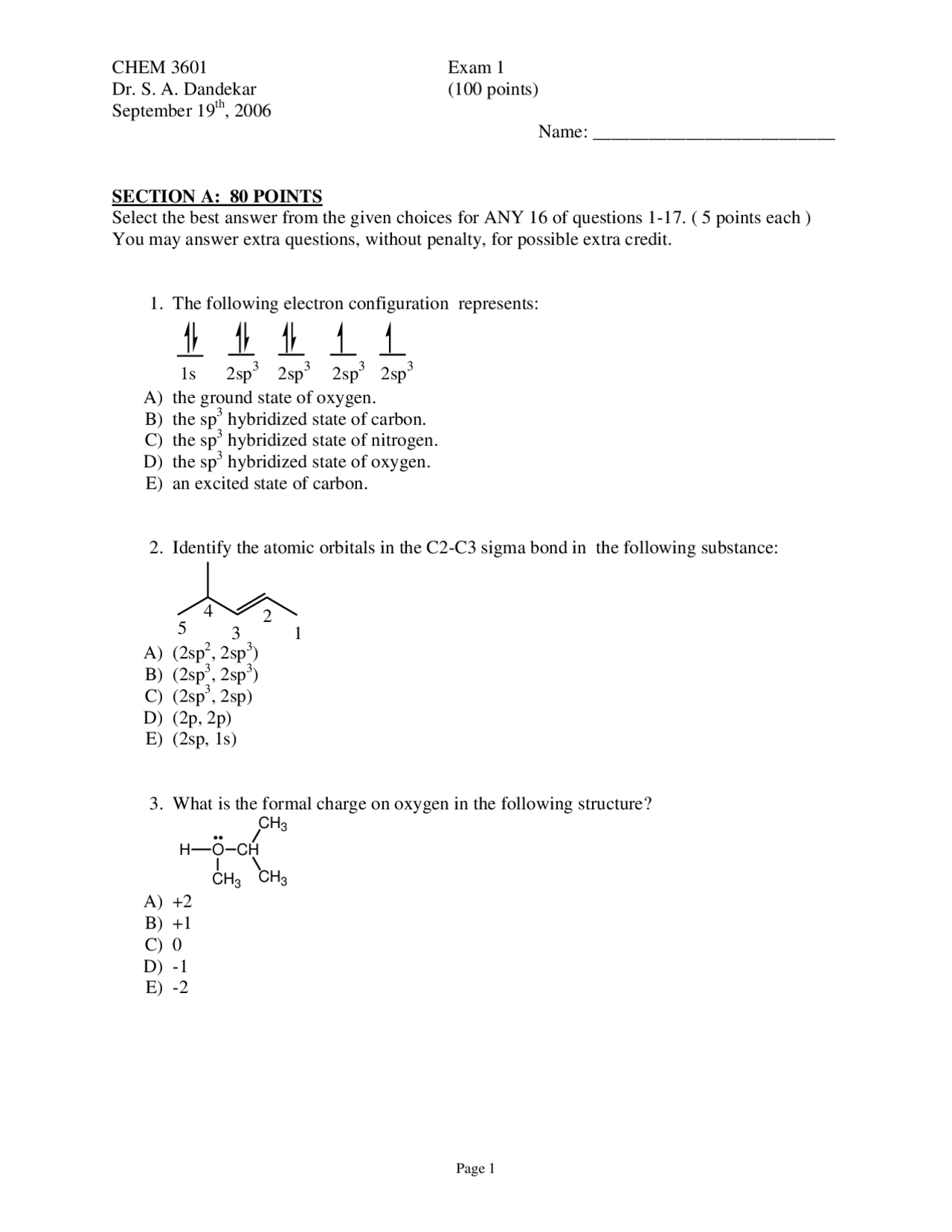 Organic Chemistry - Practice Exam 1 | CHEM 3601 - Docsity