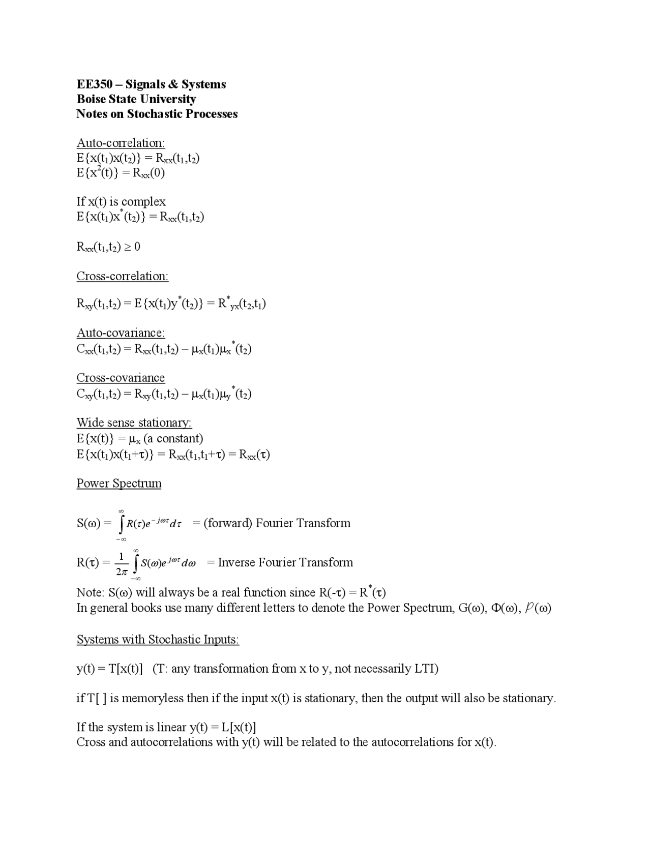 Notes On Stochastic Processes Signals And Systems Ece 350 Docsity