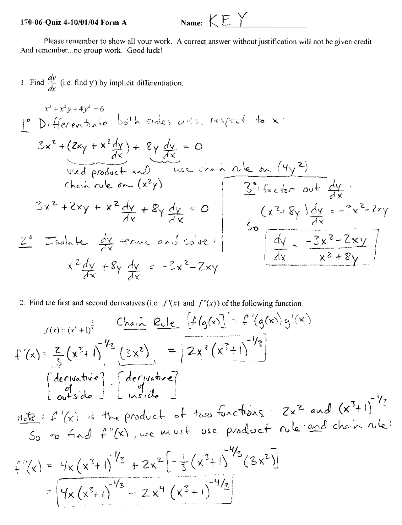 Find by Implicit Differentiation - Quiz 4 with Answer Key | MATH 170 ...