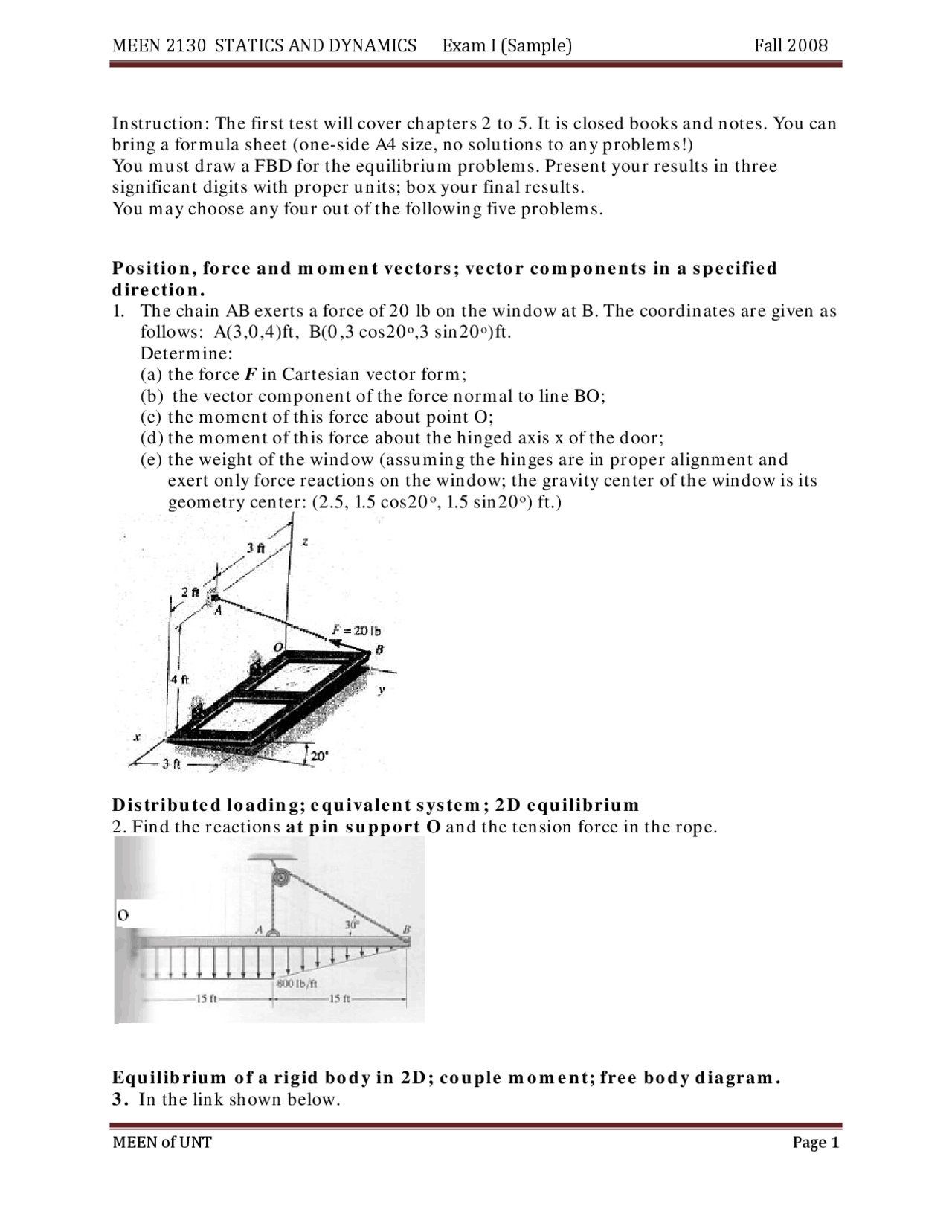 5 Questions Of Statics And Dynamics Exam 1 Meen 2130 Docsity