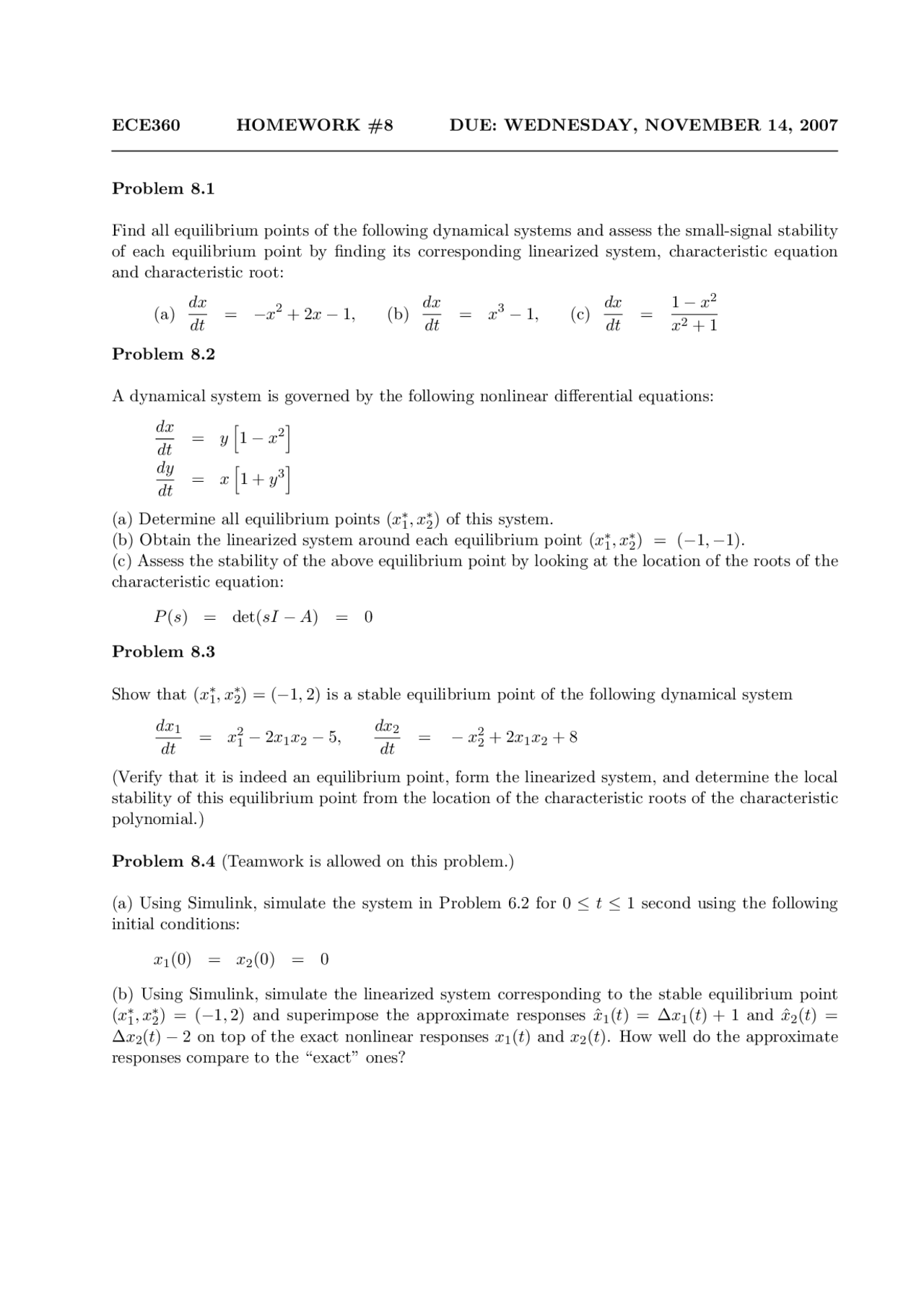 4 Practice Problems On System Modeling And Control Homework 8 Ece 360 Docsity