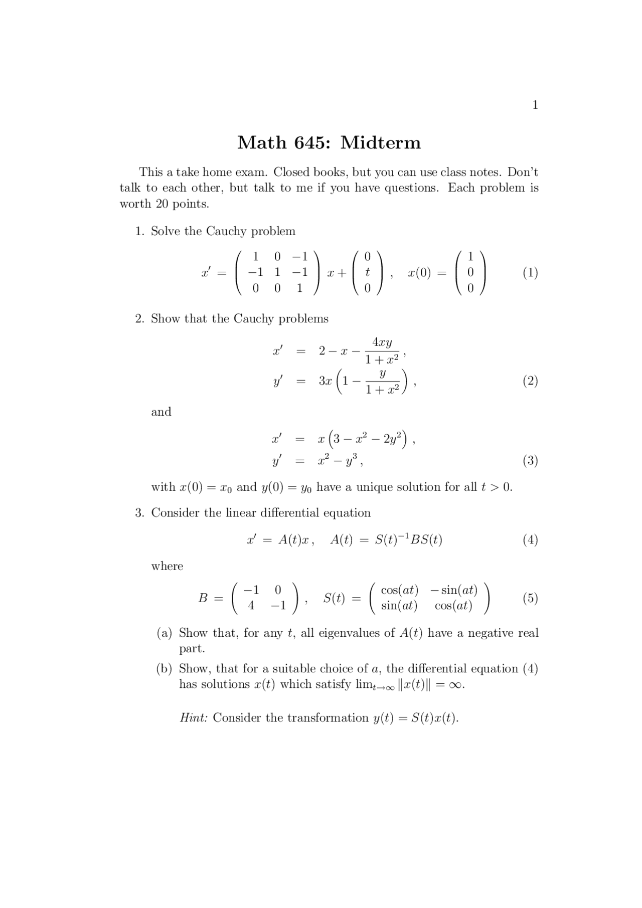 Midterm Exam - Differential Equations and Dynamic System I | MATH 645 ...