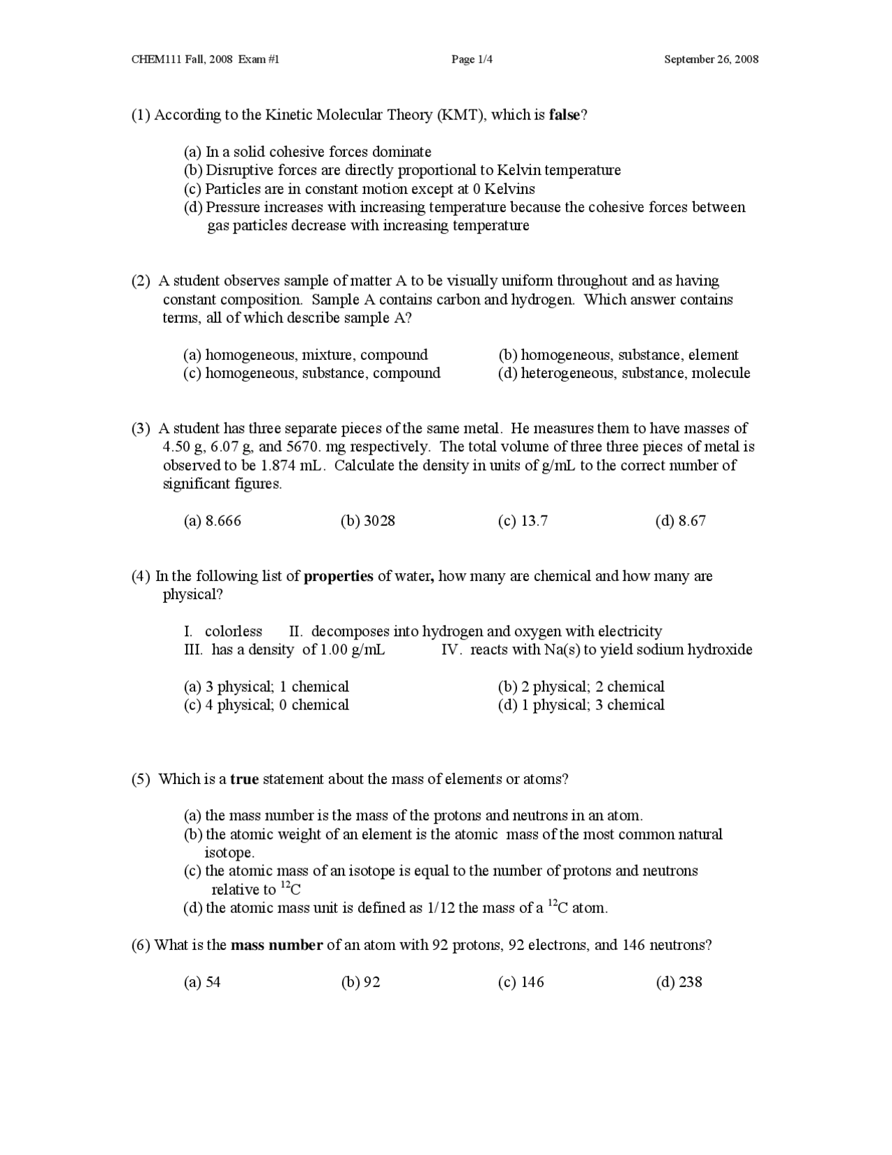 Practice Exam 1 General Chemistry I 2008 Chem 111 Docsity
