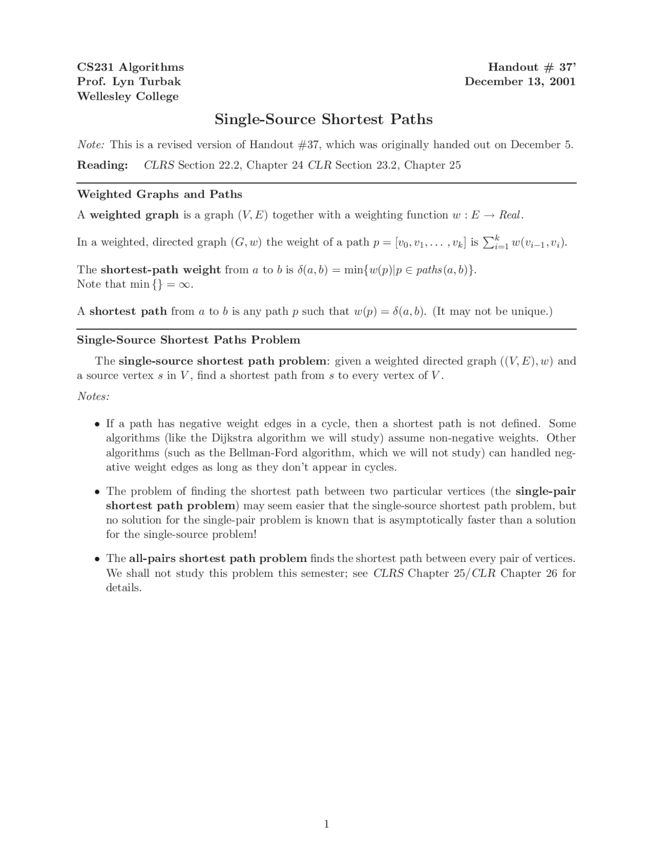 Single Source Shortest Paths Lecture Notes Cs 231 Docsity