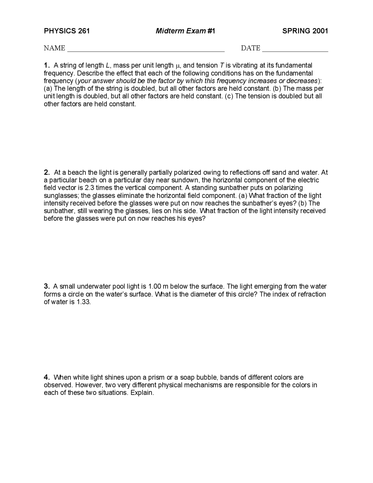 7 Questions On General Physics Iii Midterm Examination Fall 2001