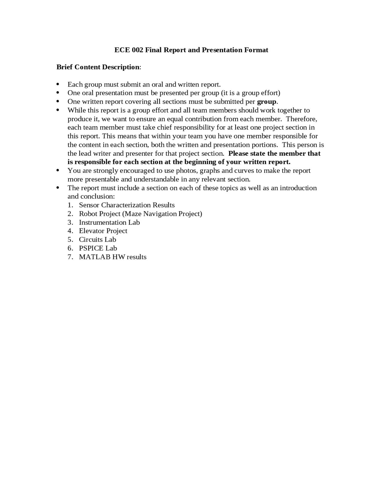 Final Report And Presentation Format Laboratory Ece 002 Docsity