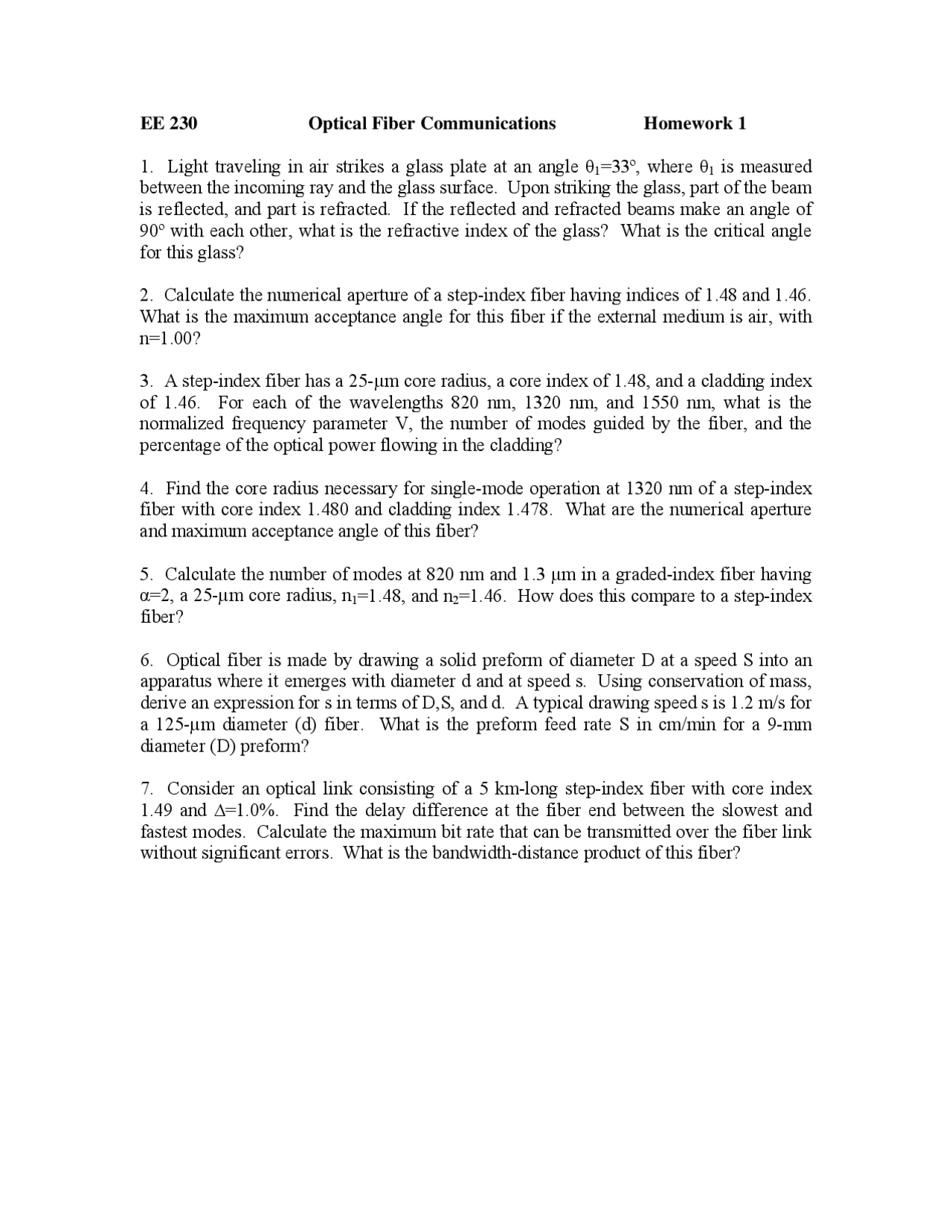 Homework I Questions Optical Fiber Communication Ee 230 Docsity