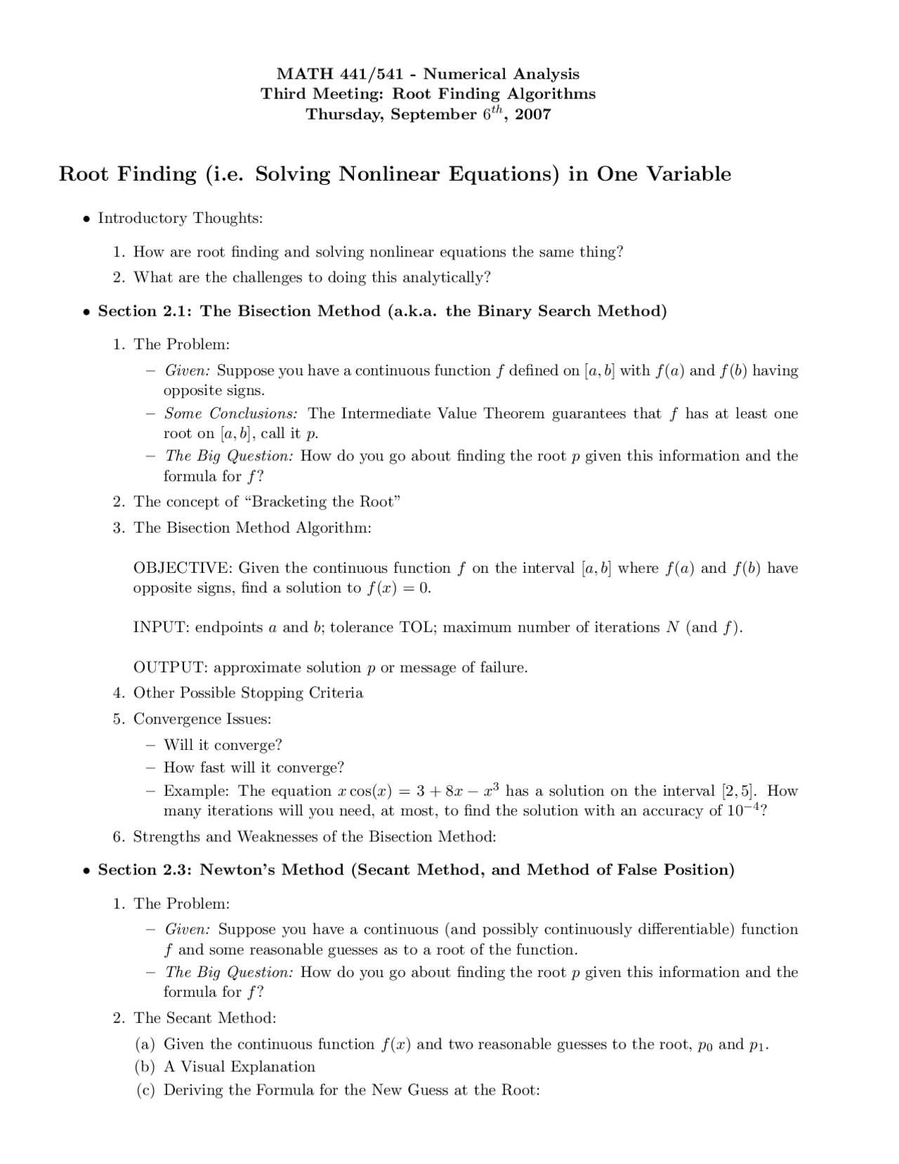 Root Finding Algorithms Introduction To Numerical Analysis Math 441 Docsity