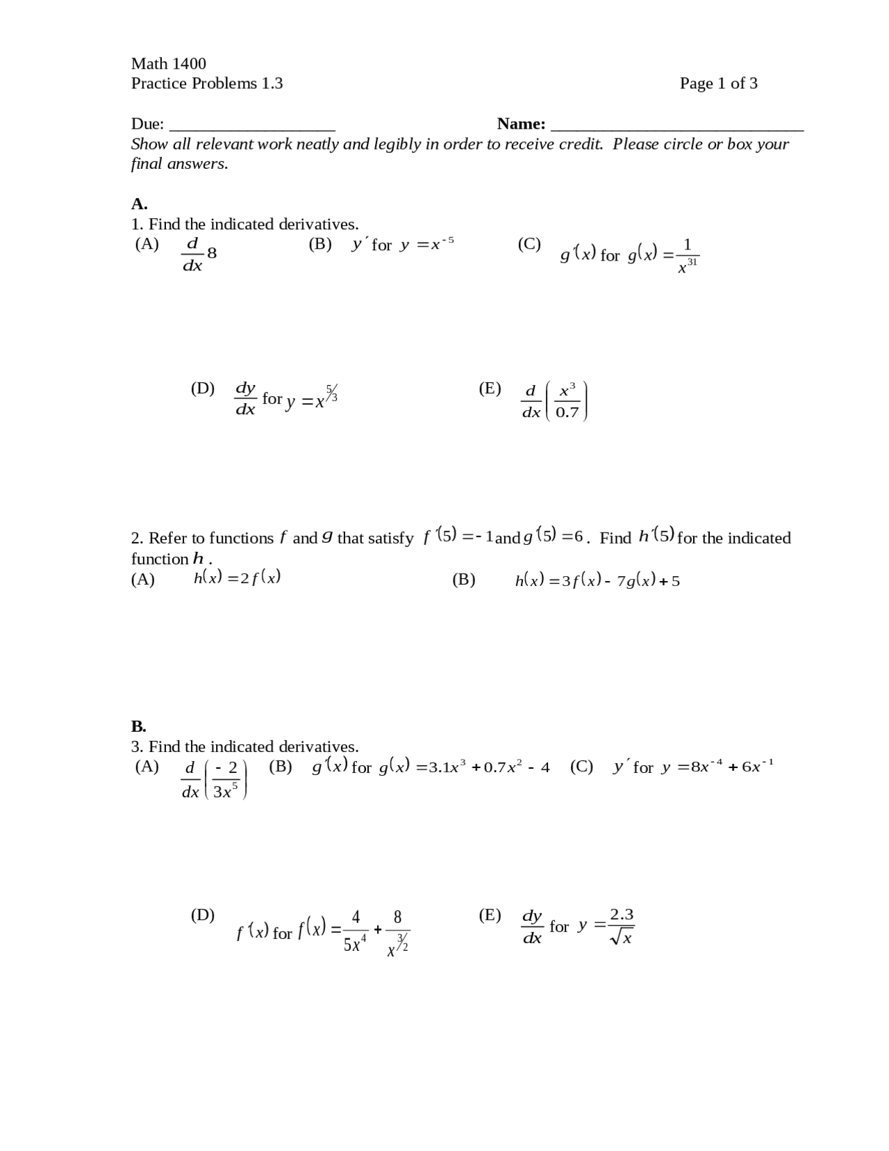 College Mathematics with Calculus I - Practice Questions for Exam ...