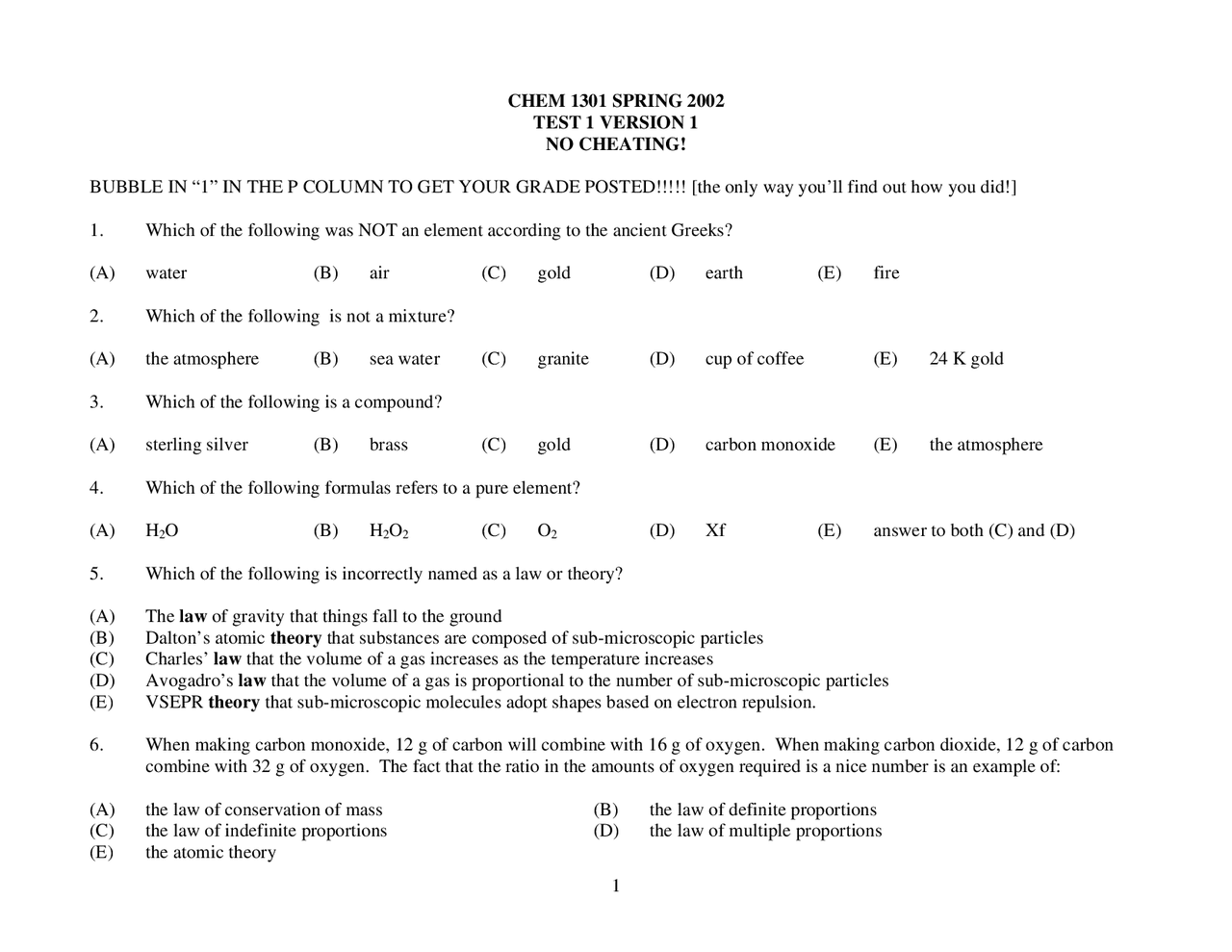 Practice Test 1 Foundations Of Chemistry Spring 2002 Chem 1301