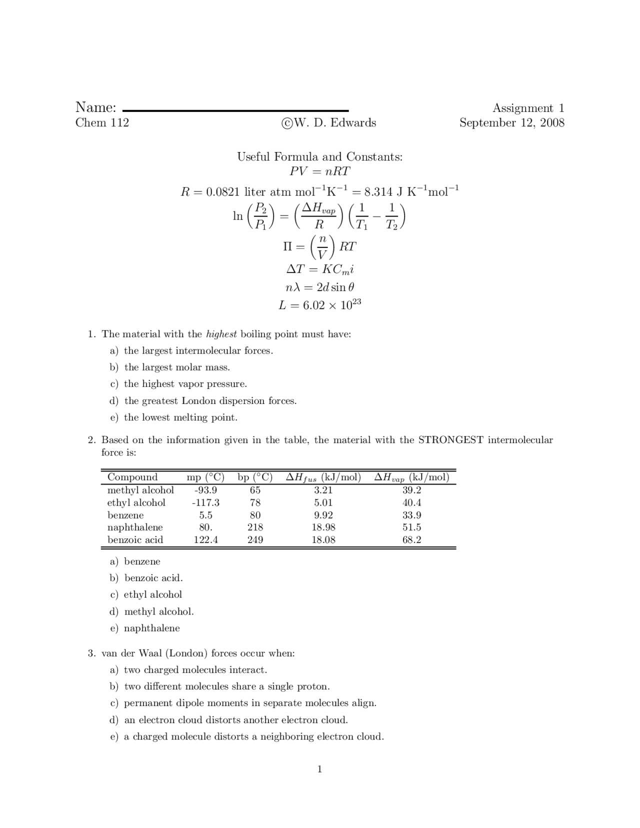 20 Questions For Assignment 1 Honor Principles Of Chemistry Ii Chem
