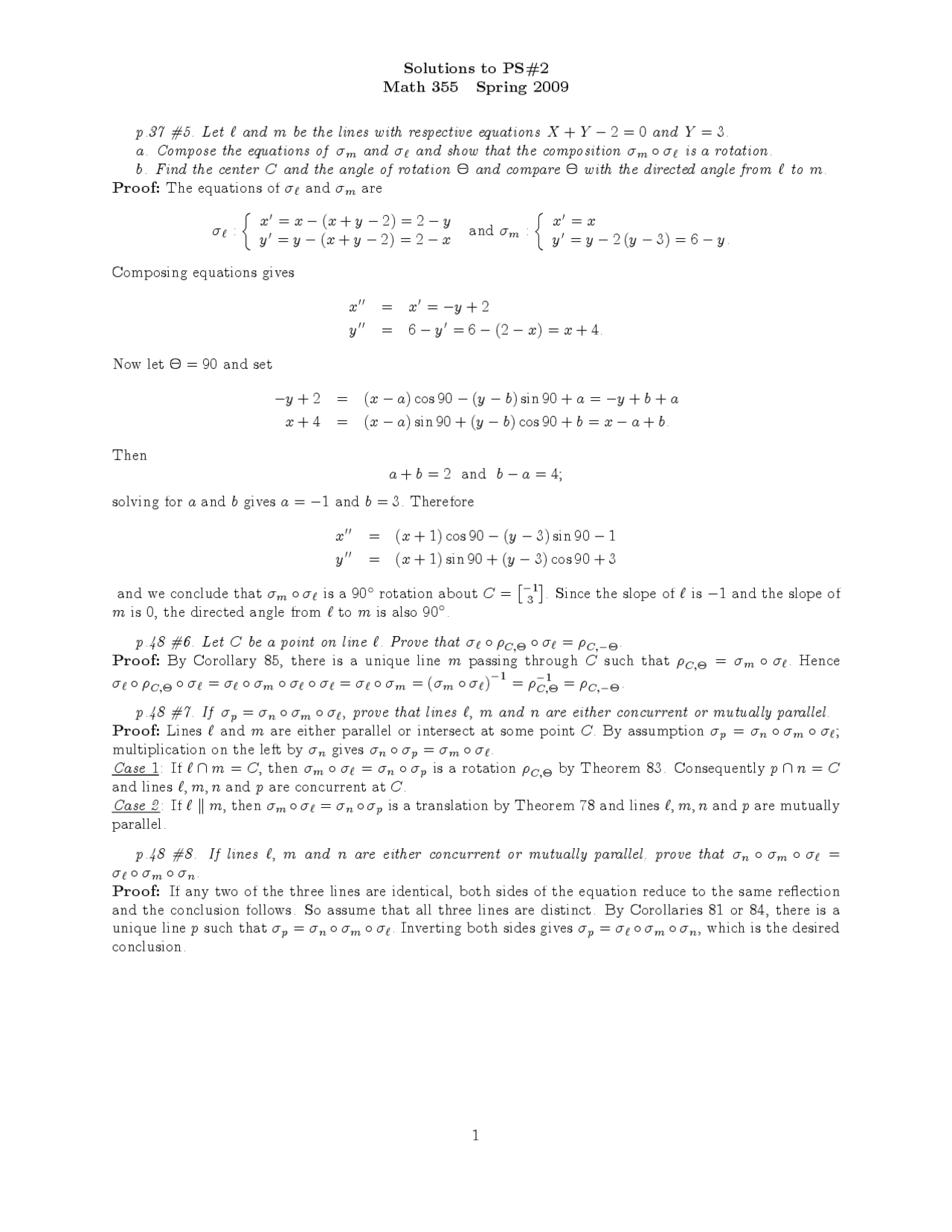 7 Problems with Solutions on Transformation Geometry - Assignment 2 | MATH 355 - Docsity