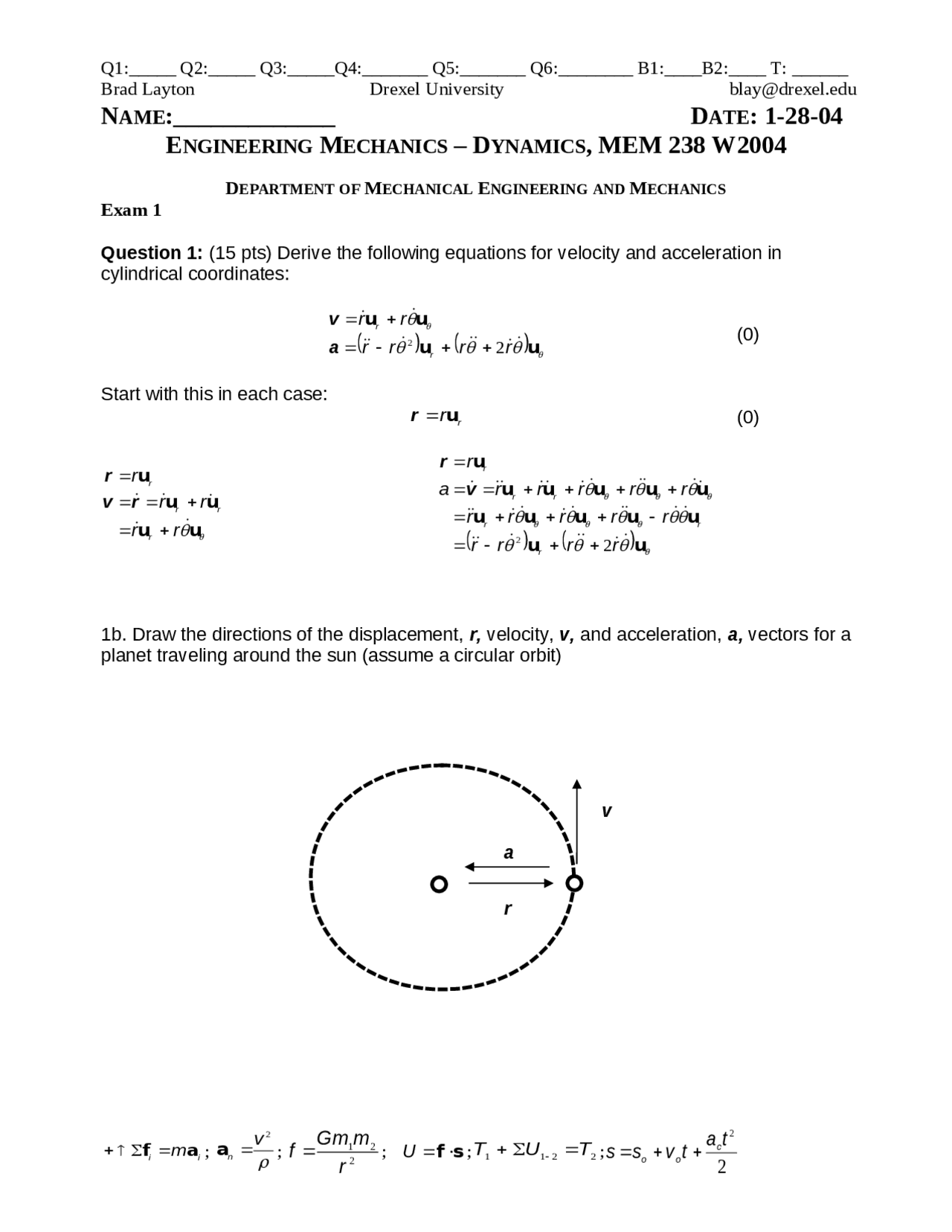 Solved Exam 1 for Engineering Mechanics - Dynamics | MEM 238 - Docsity