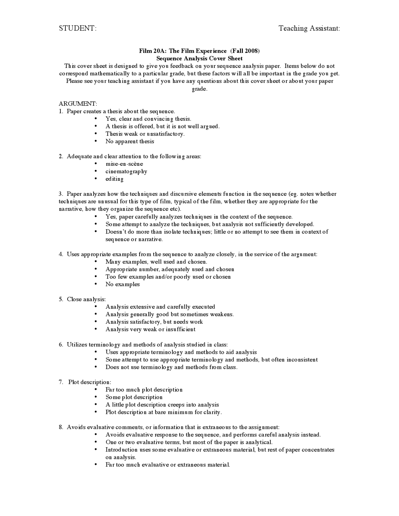 Sequence Analysis Cover Sheet - The Film Experience | FILM 20 - Docsity