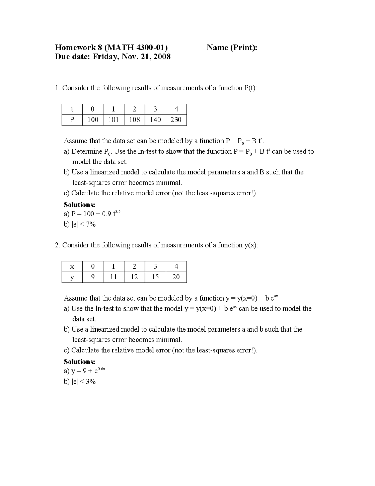 Resolution Of Homework 8 Introduction To Mathematical Modeling Math 4300 Docsity