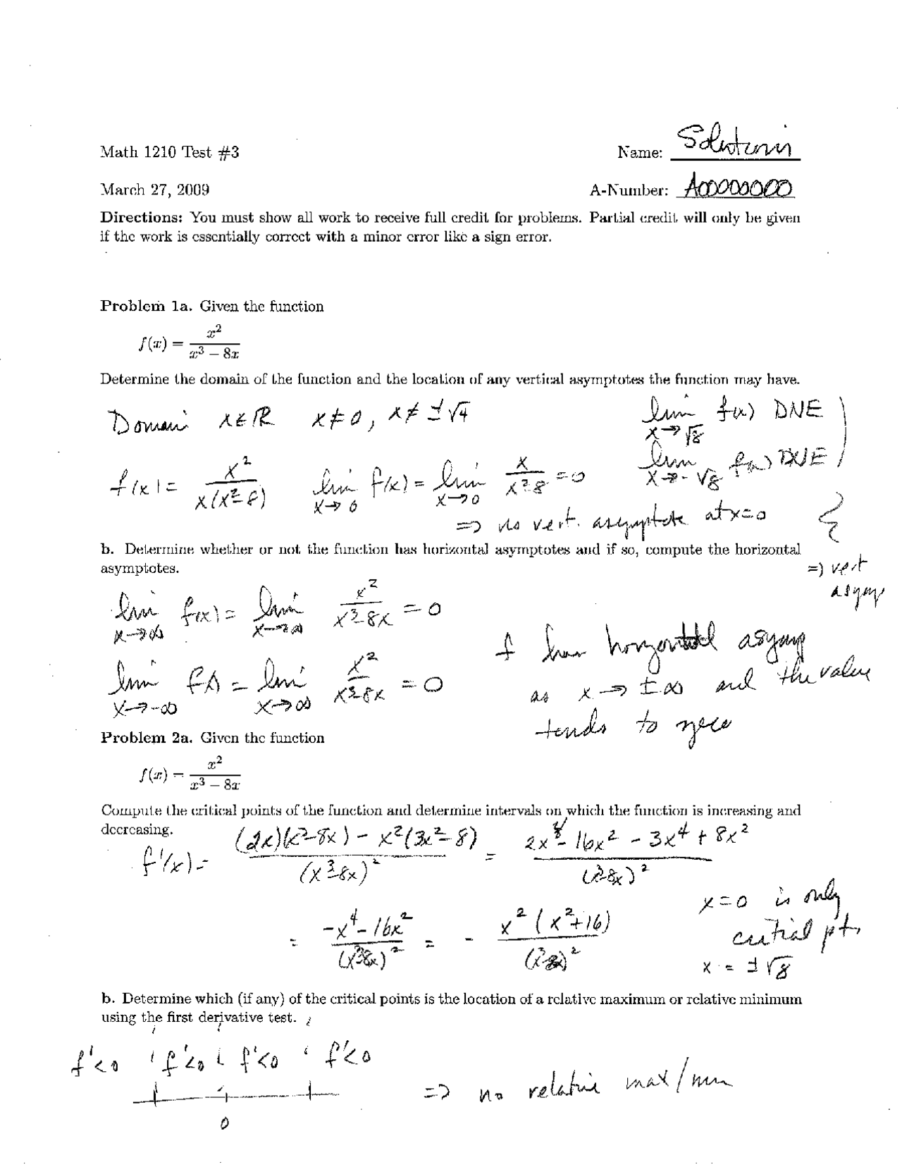Test 3 With Solutions For Calculus I Math 1210 Docsity