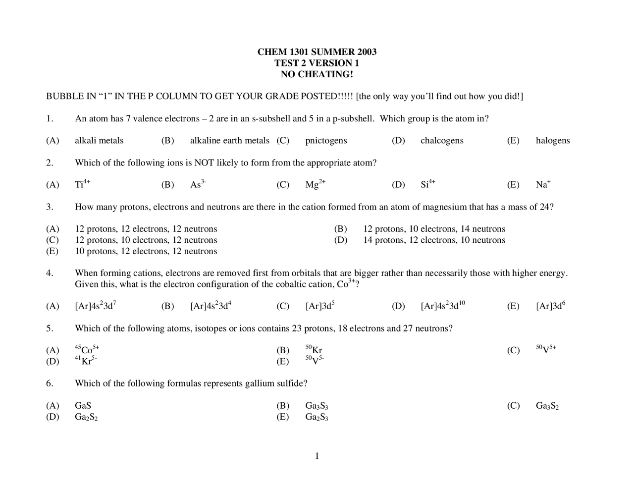 20 Multiple Choice Questions of Foundation Chemistry - Exam 2 | CHEM ...