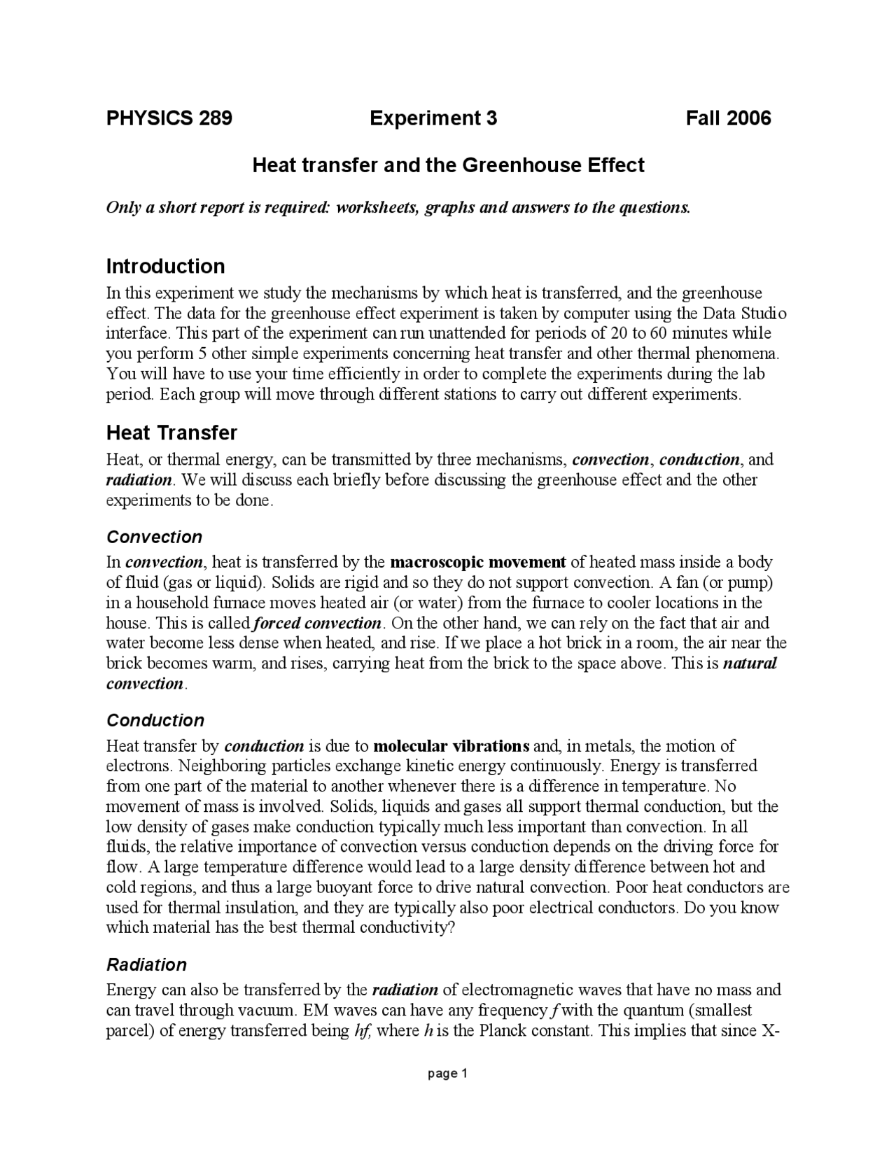 Experiment 3 - Heat Transfer and The Greenhouse Effect | PHYSICS 289 - Docsity
