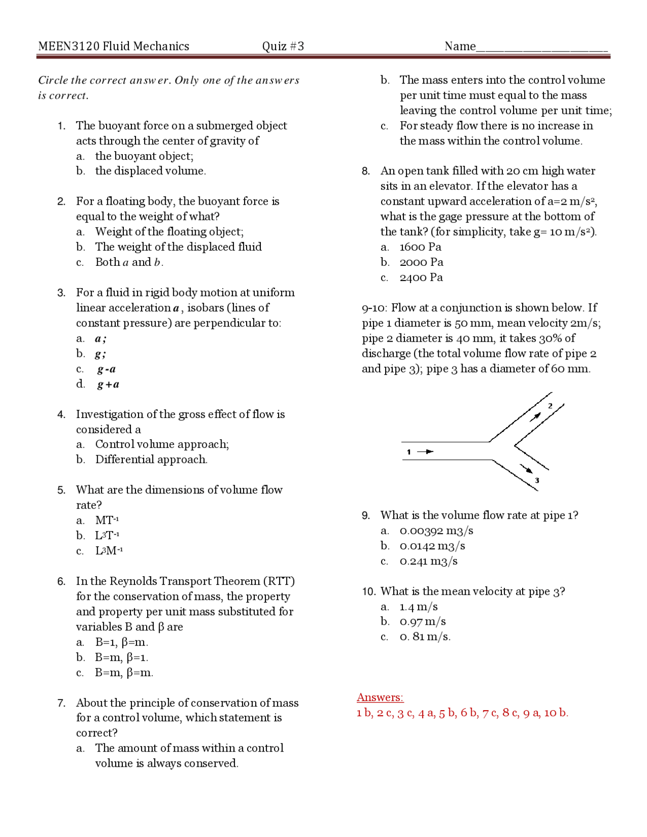 Quiz 3 Questions with Answer Key - Fluid Mechanics | MEEN 3120 - Docsity