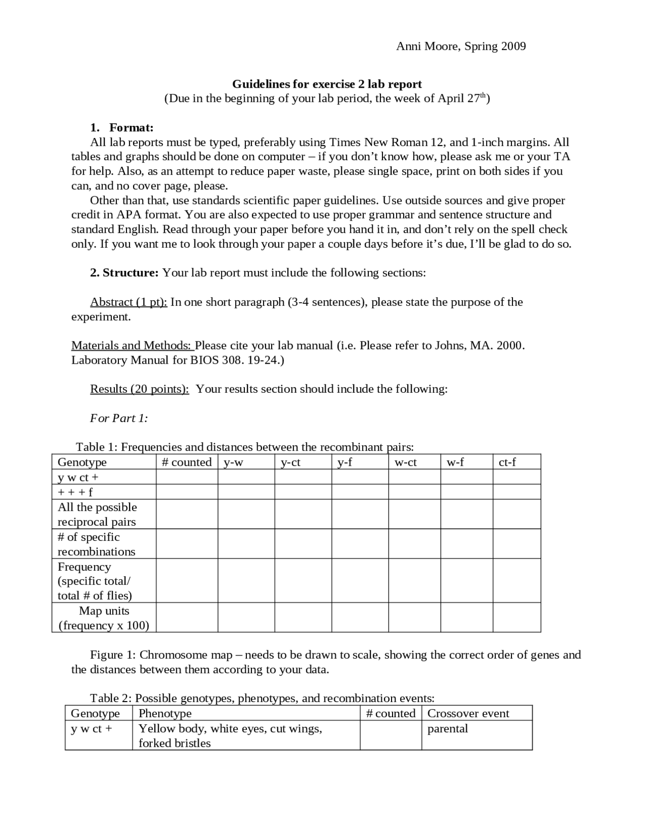 Guidelines For Exercise 2 Lab Report Genetics Bios 308 Docsity