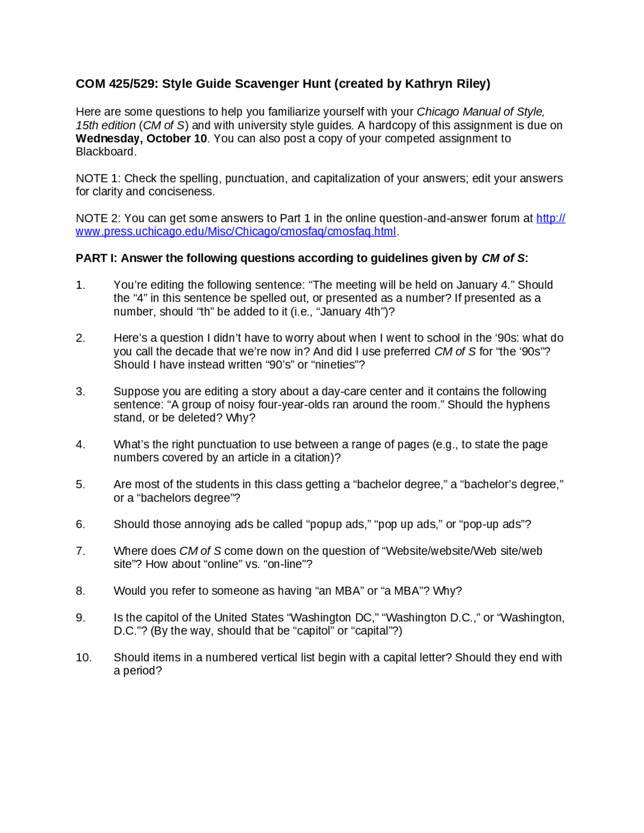 Assignment Questions Style Guide Scavenger Hunt Editing Com 425
