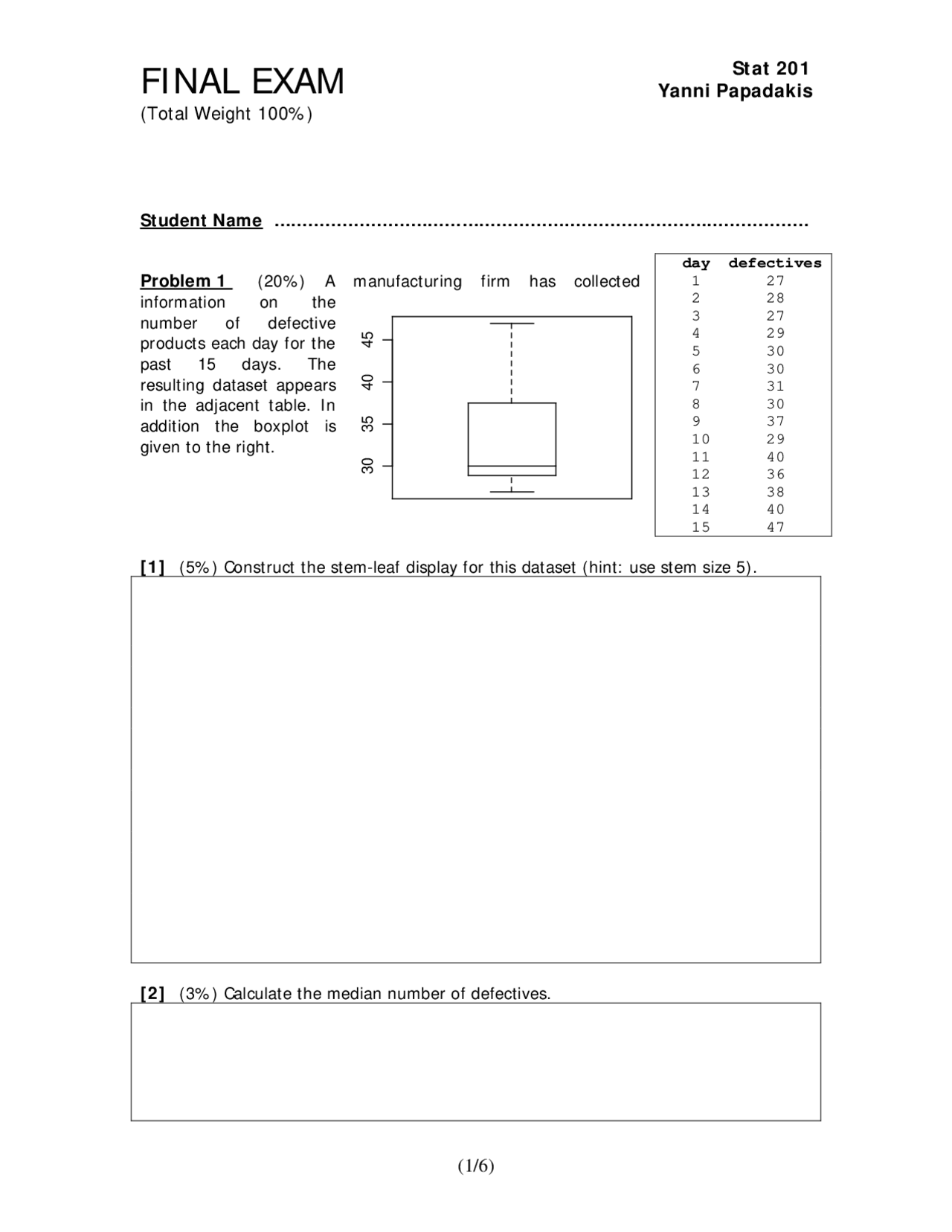 Introduction To Business Statistics Final Exam Stat 201 Docsity